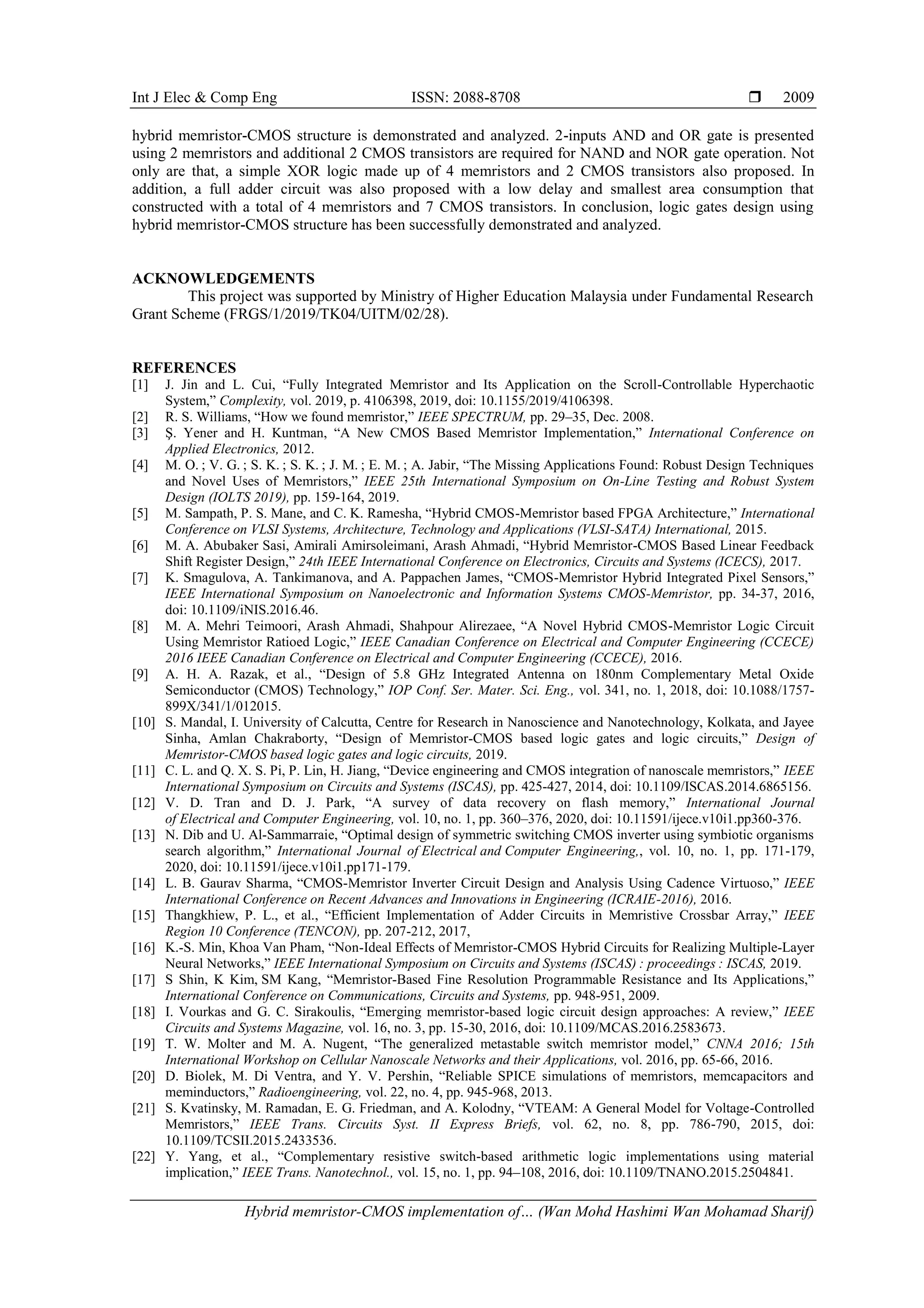 Hybrid memristor-CMOS implementation of logic gates design using ...