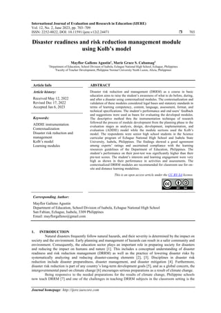 Disaster readiness and risk reduction management module using Kolb’s model | PDF