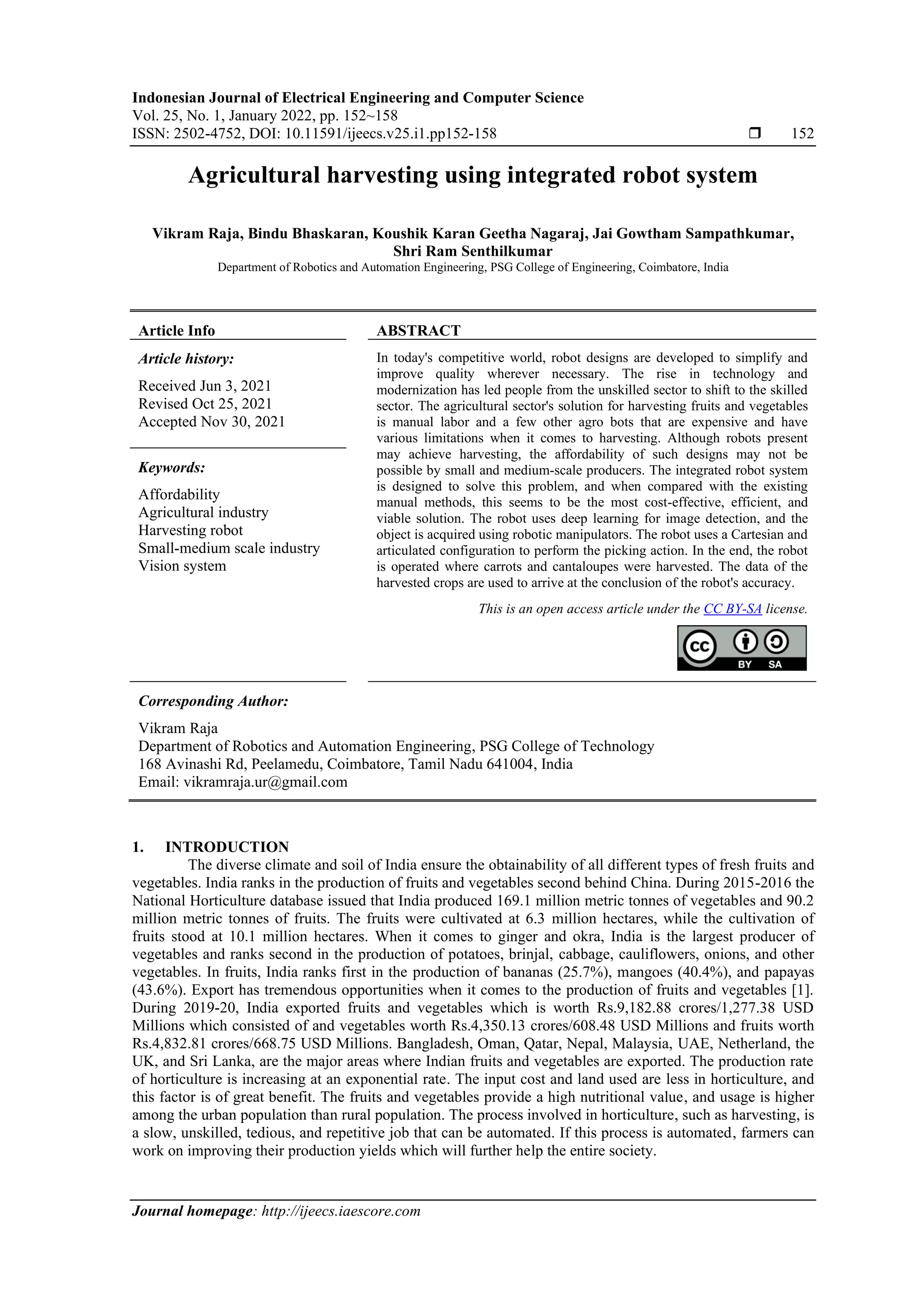 Agricultural harvesting using integrated robot system | PDF