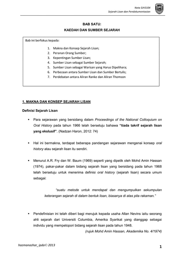 182764707 nota-sjh3104-sejarah-lisan-dan-pendokumentasian-bab-1-docx | PDF