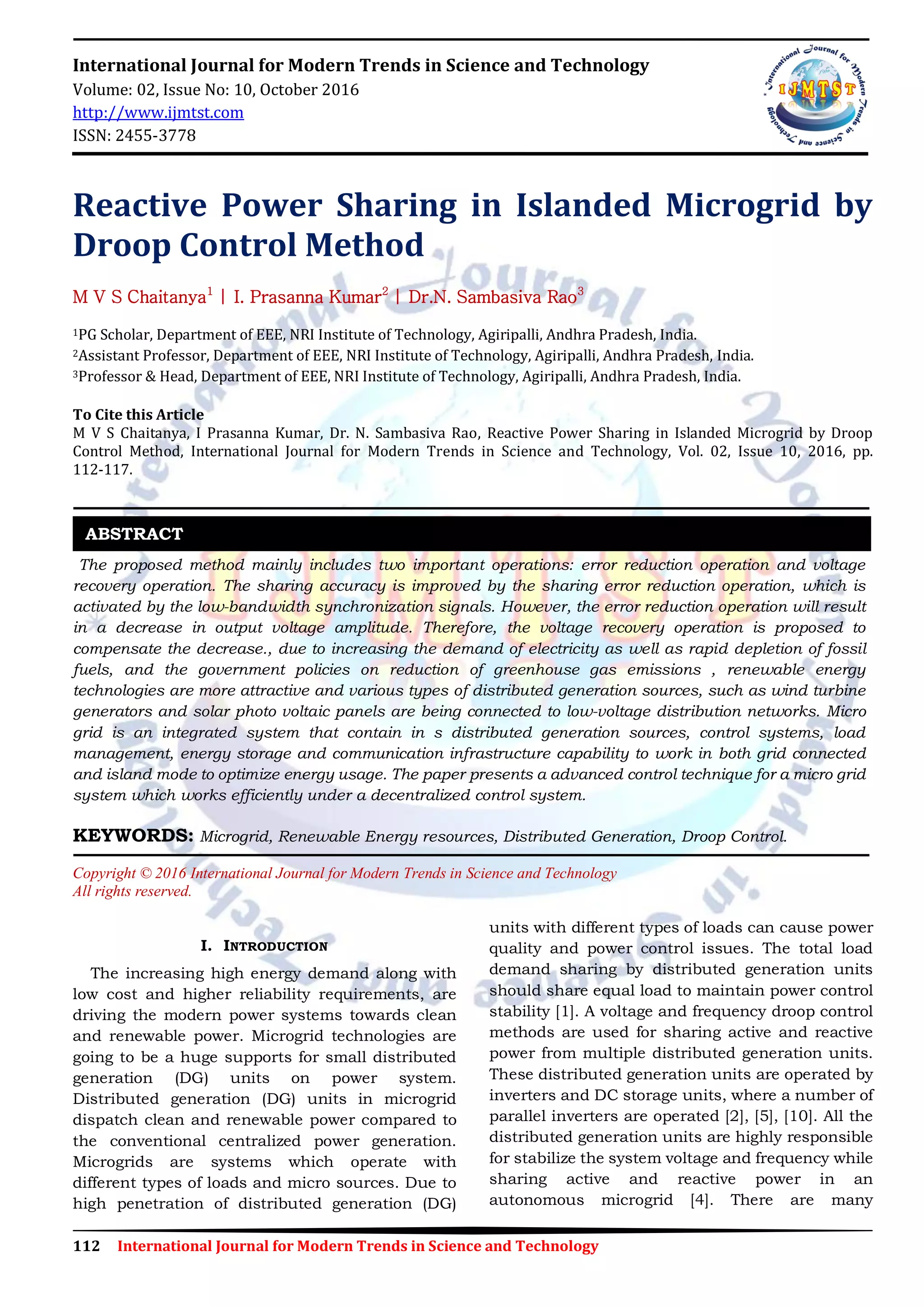 Reactive Power Sharing In Islanded Microgrid By Droop Control Method Pdf