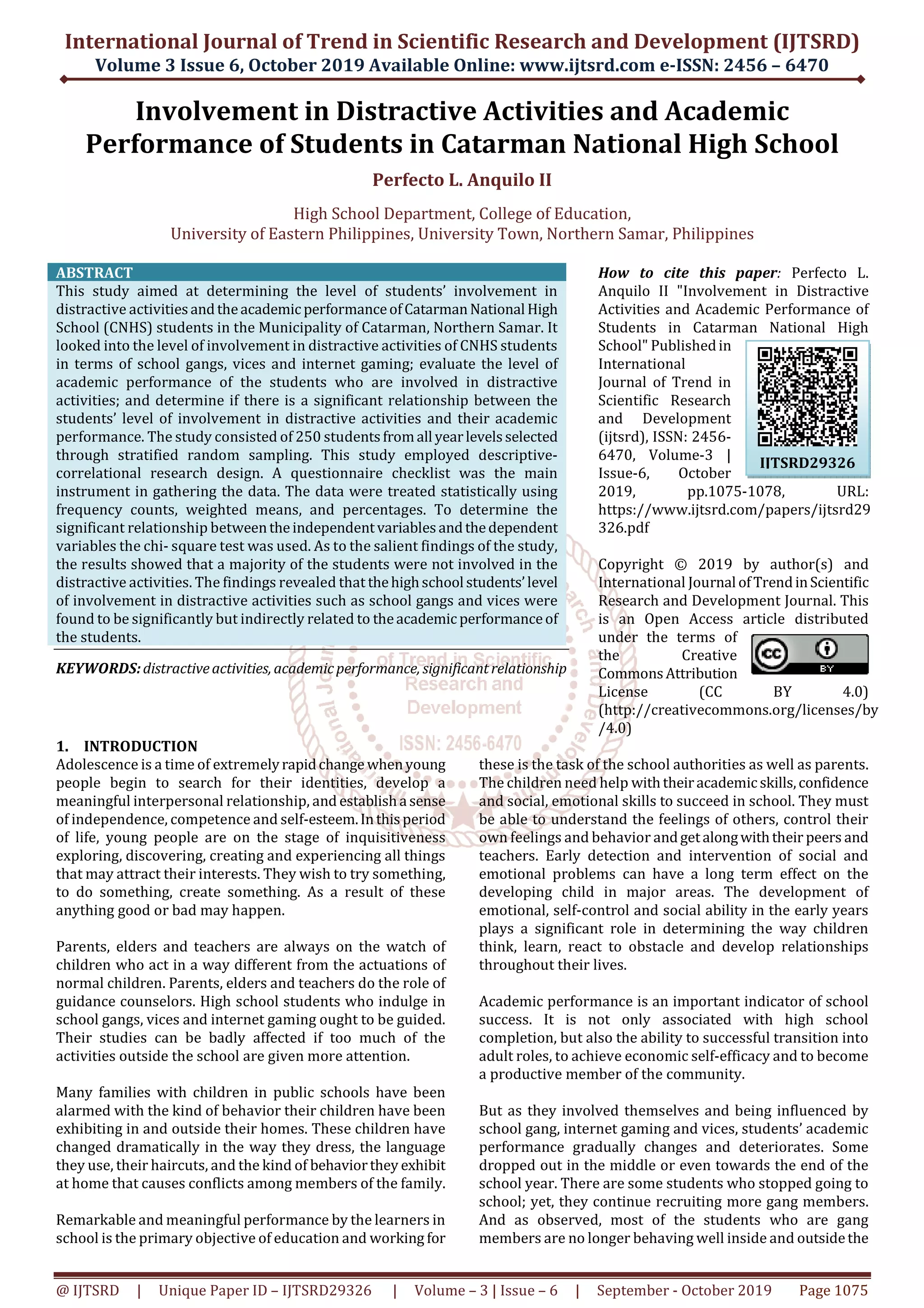 Involvement in Distractive Activities and Academic Performance of ...