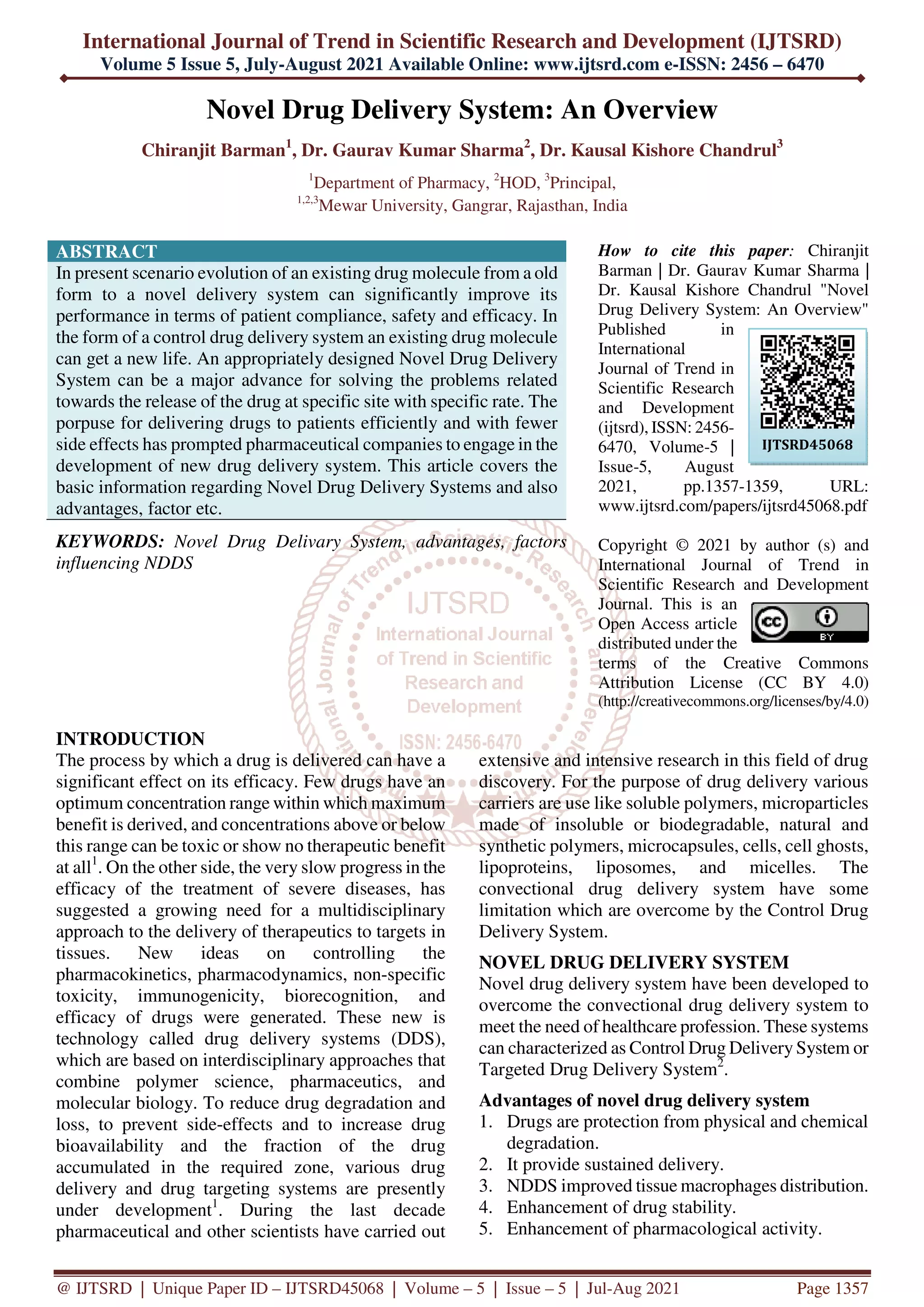 Novel Drug Delivery System An Overview | PDF