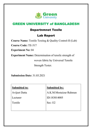 Green U of Bangladesh Textile Lab Report on Woven Fabric Tensile ...
