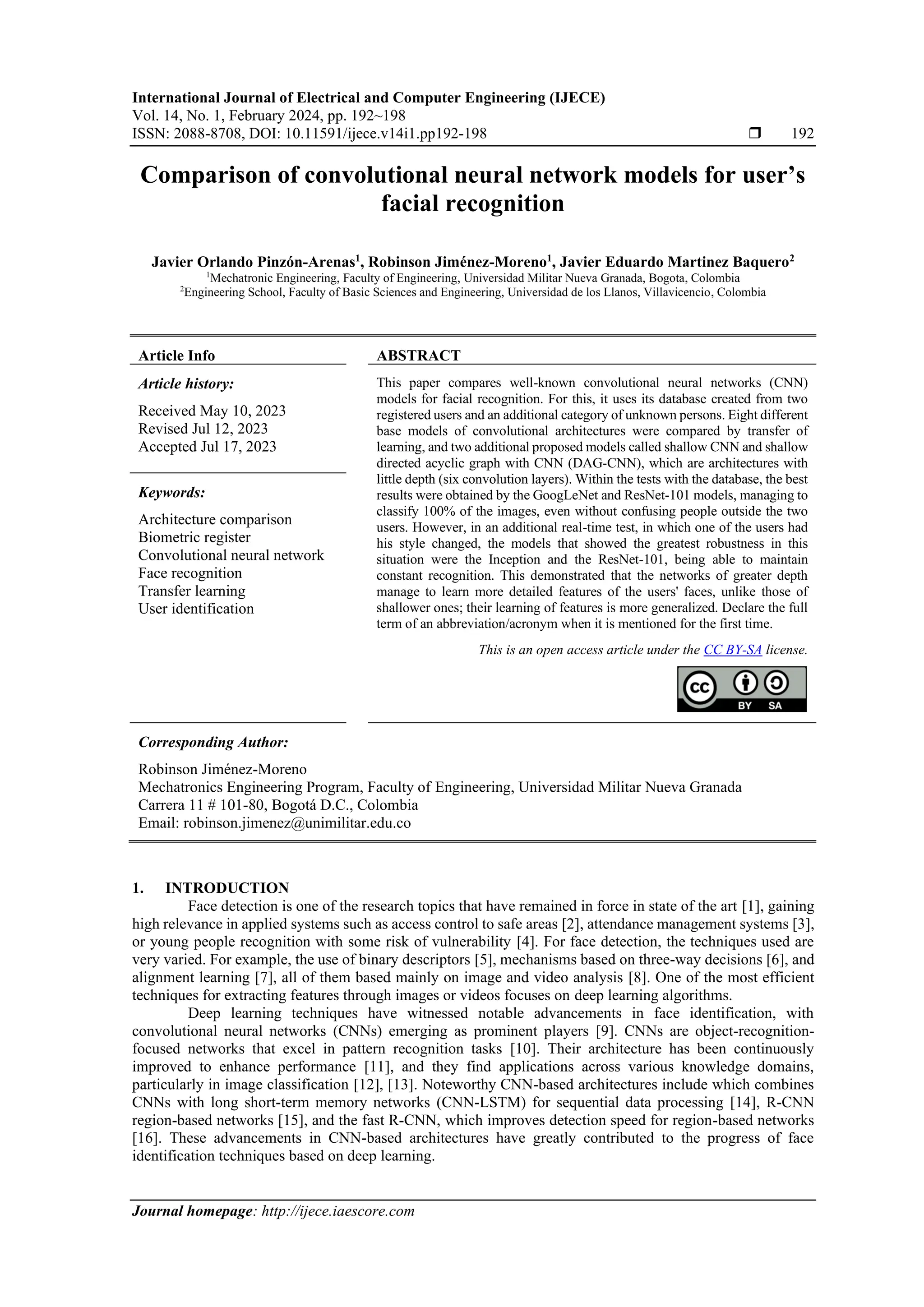 Comparison Of Convolutional Neural Network Models For Users Facial