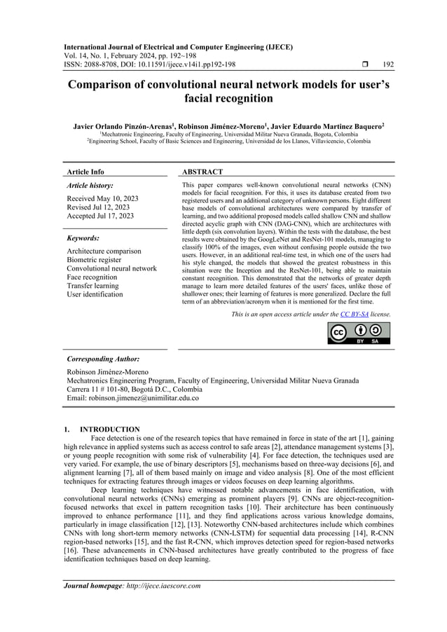 Comparison of convolutional neural network models for user’s facial recognition | PDF