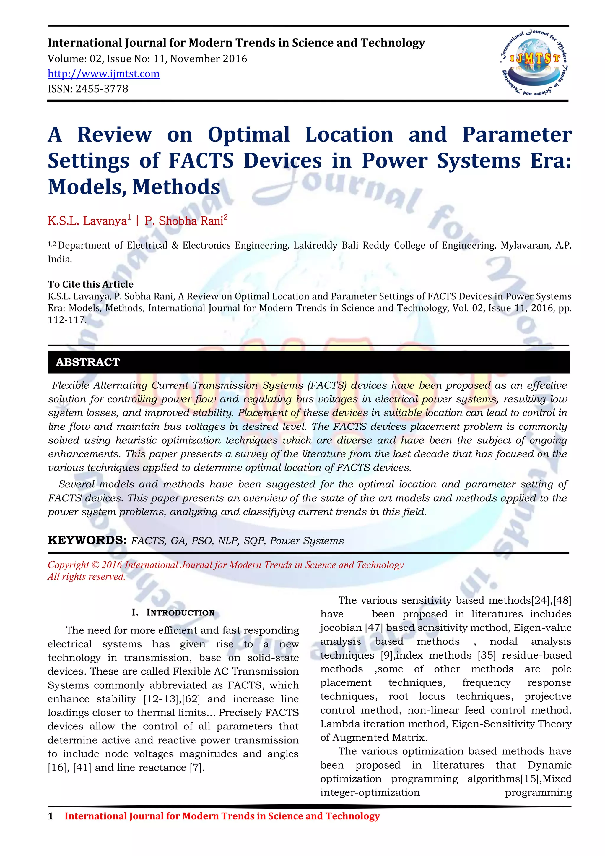 A Review on Optimal Location and Parameter Settings of FACTS Devices in Power Systems Era ...