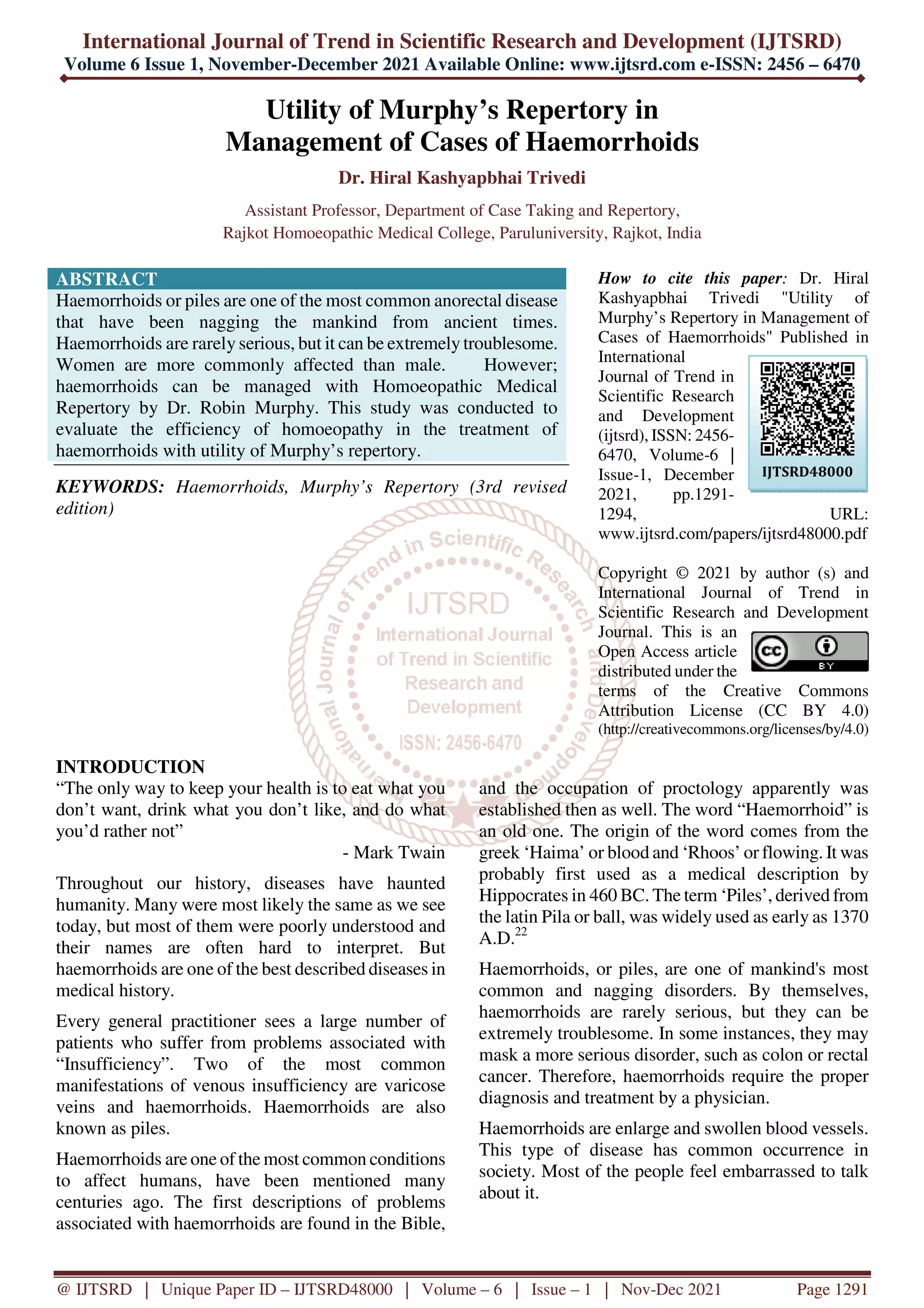 Utility of Murphy’s Repertory in Management of Cases of Haemorrhoids | PDF