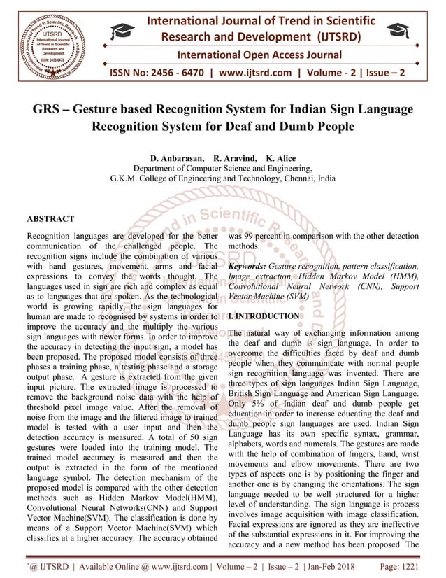 GRS '“ Gesture based Recognition System for Indian Sign Language ...