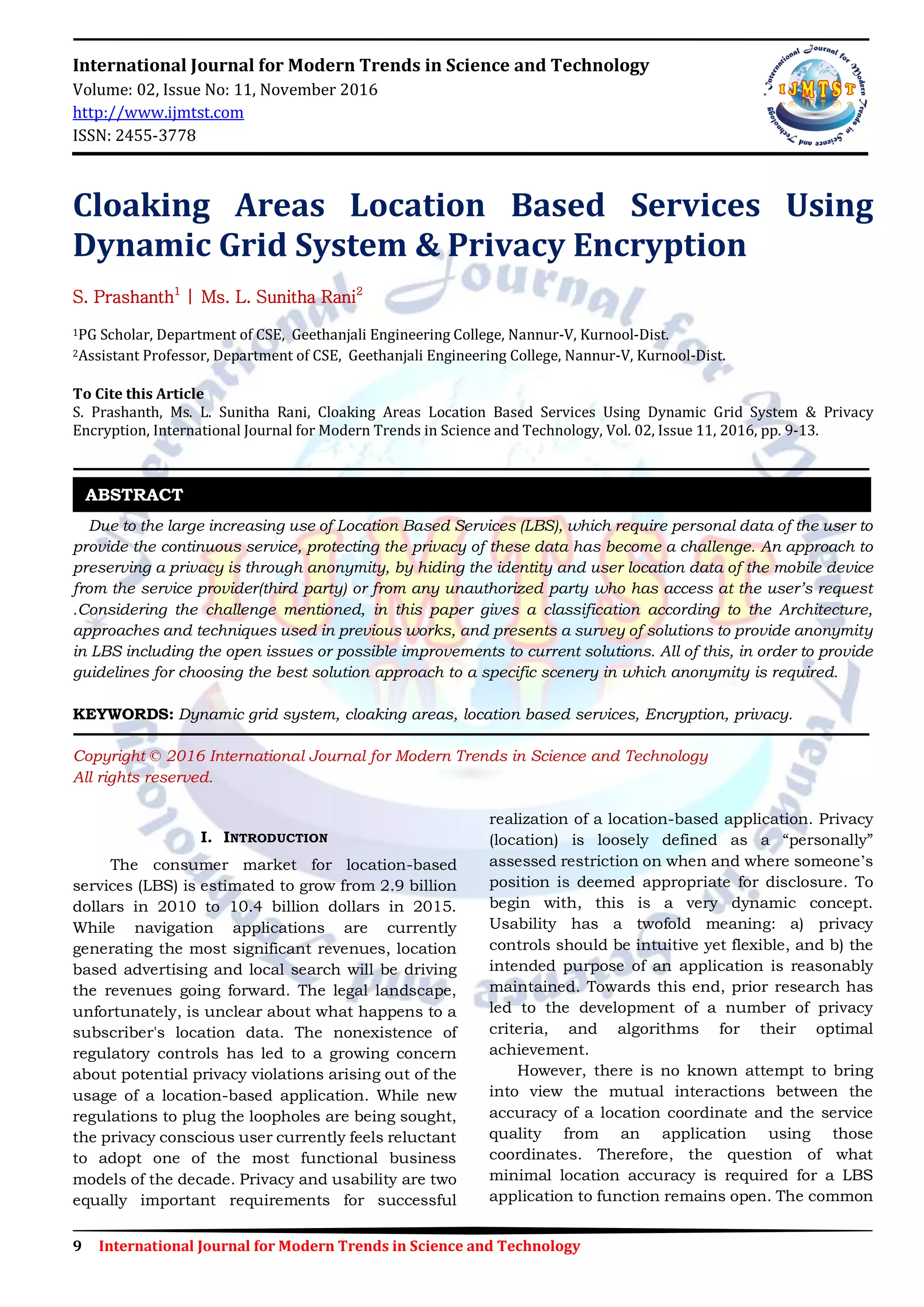 Cloaking Areas Location Based Services Using Dynamic Grid System & Privacy Encryption | PDF