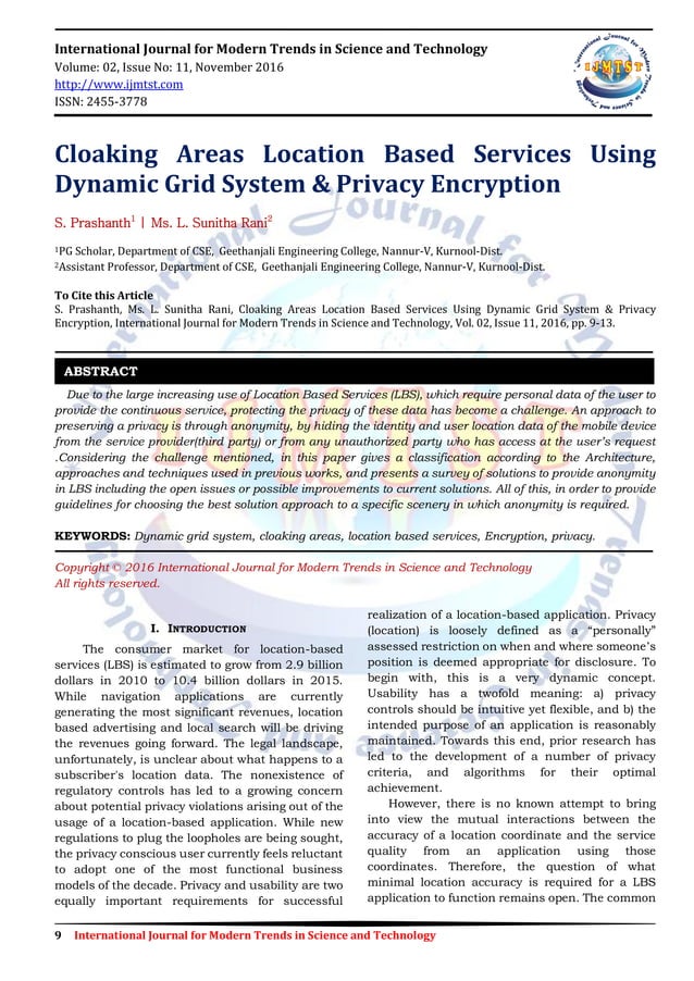 Cloaking Areas Location Based Services Using Dynamic Grid System & Privacy Encryption | PDF