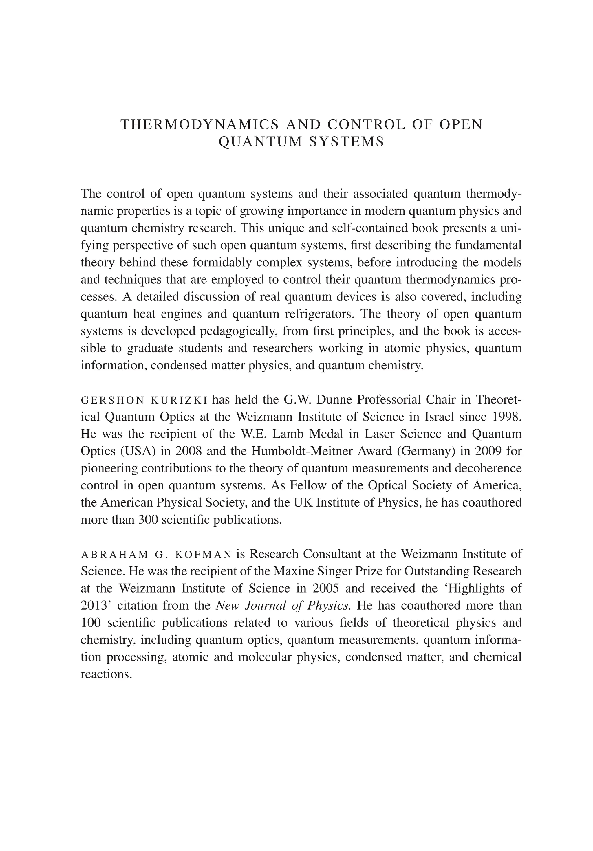 Thermodynamics And Control Of Open Quantum Systems Gershon Kurizki | PDF
