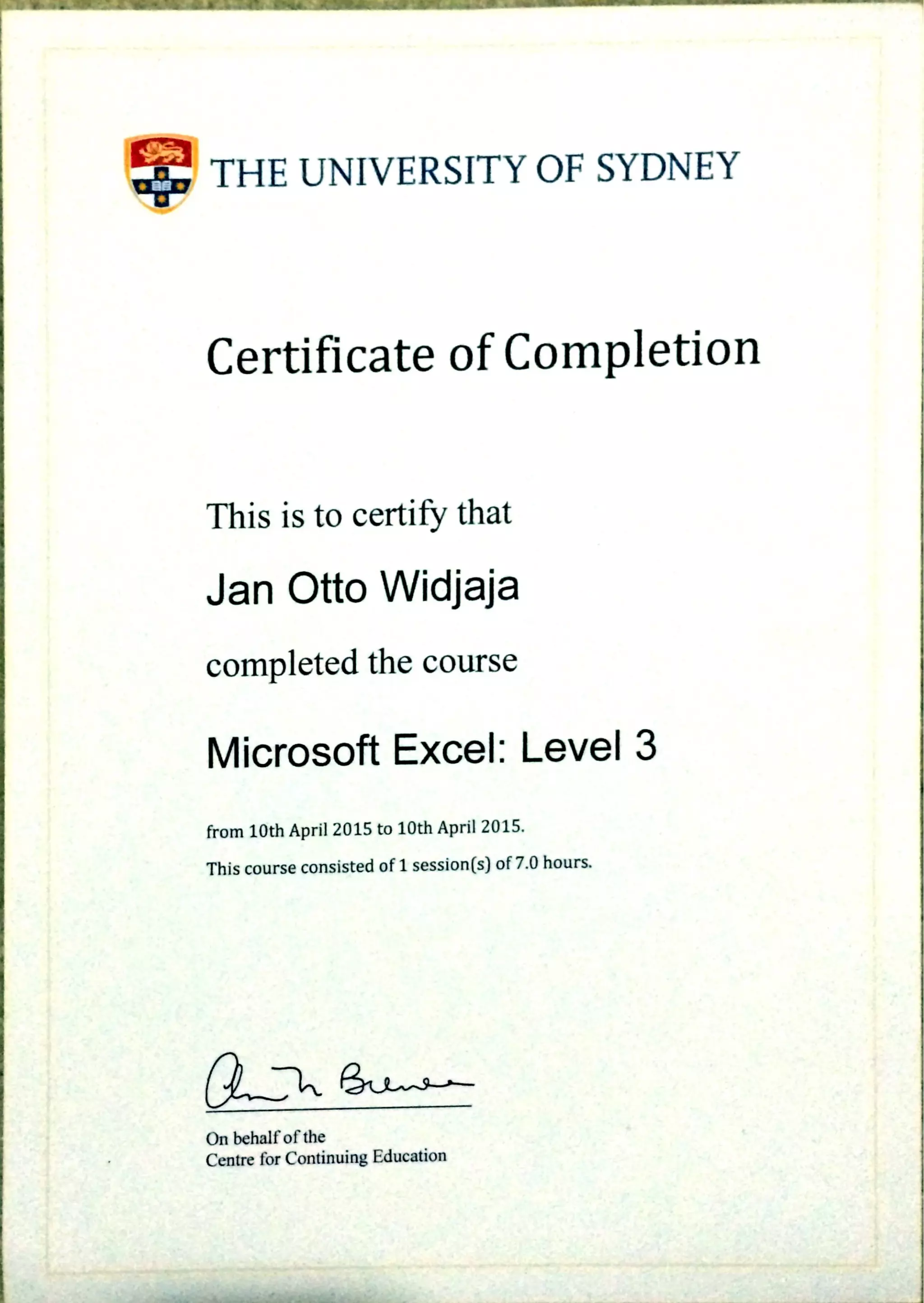 Jan Otto Widjaja- Advanced MS Excel Certificate | PDF