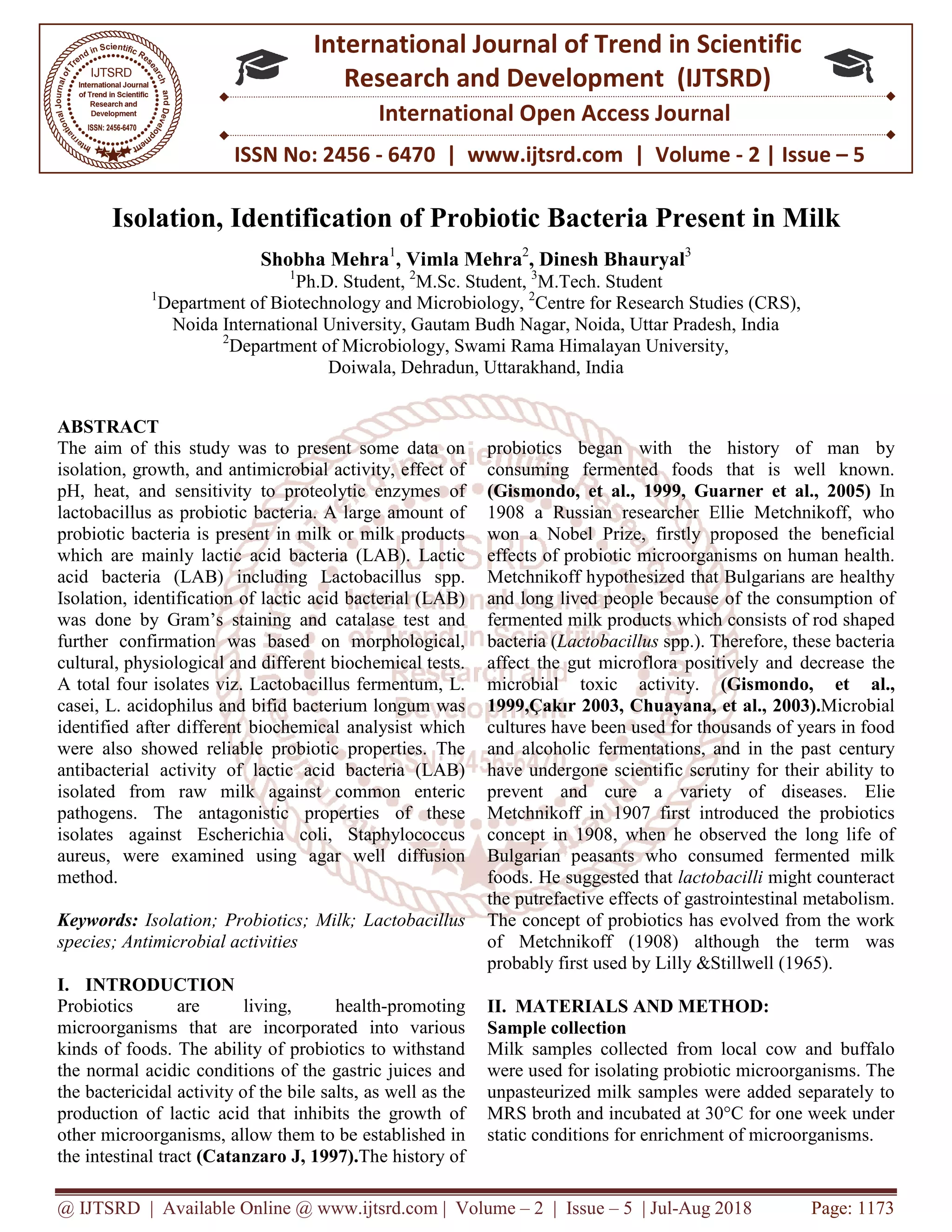 Isolation, Identification of Probiotic Bacteria Present in Milk | PDF