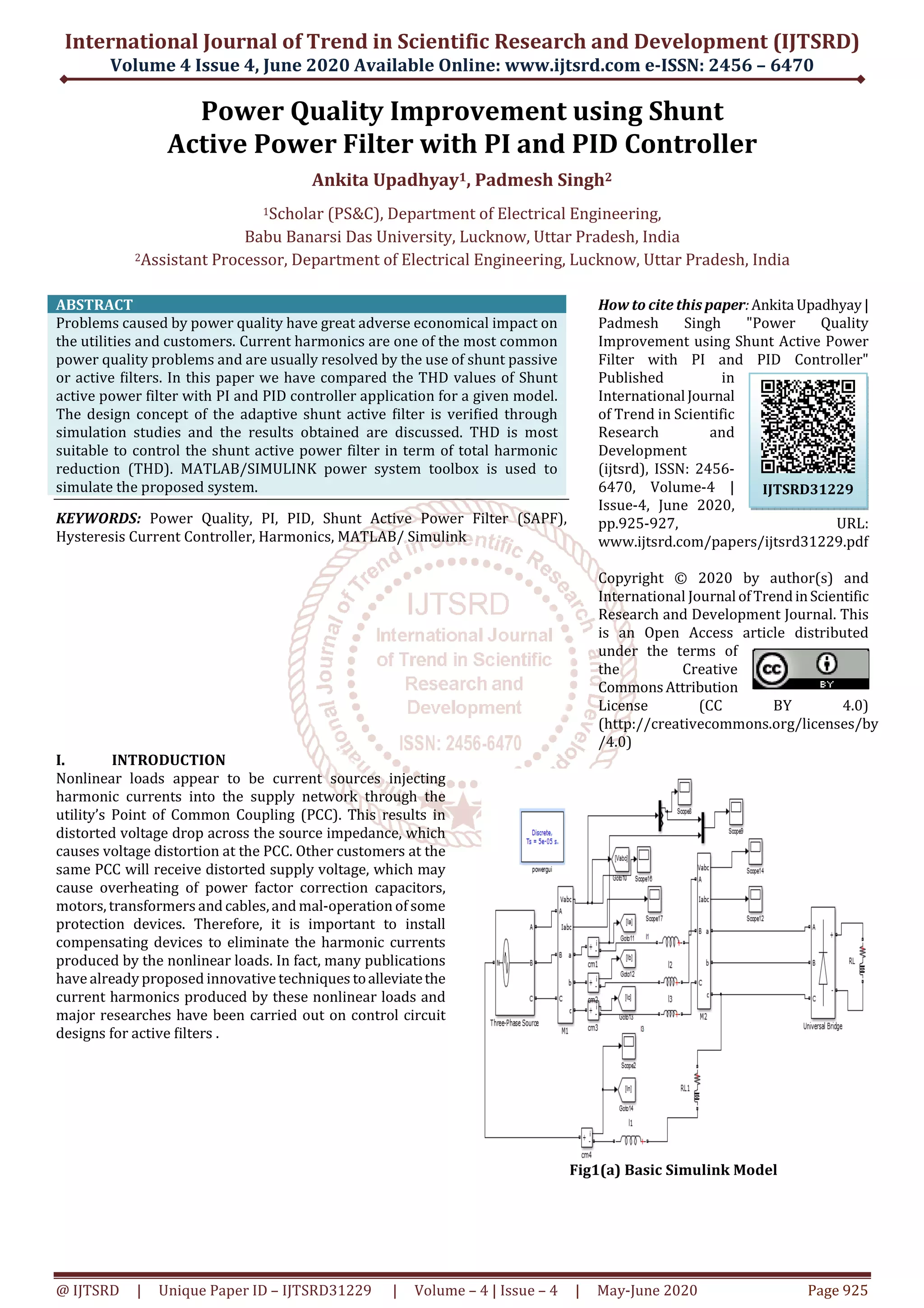 Power Quality Improvement using Shunt Active Power Filter with PI and PID Controller | PDF