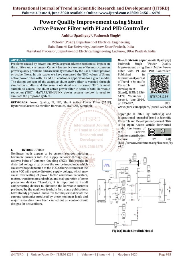 Power Quality Improvement using Shunt Active Power Filter with PI and PID Controller | PDF