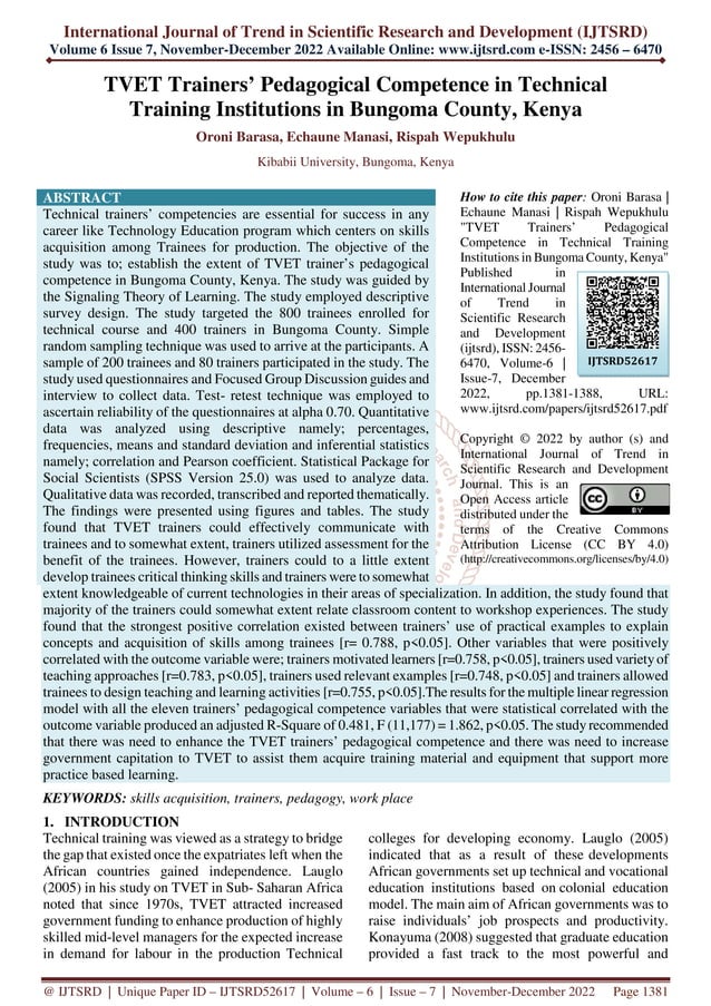 TVET Trainers’ Pedagogical Competence in Technical Training ...