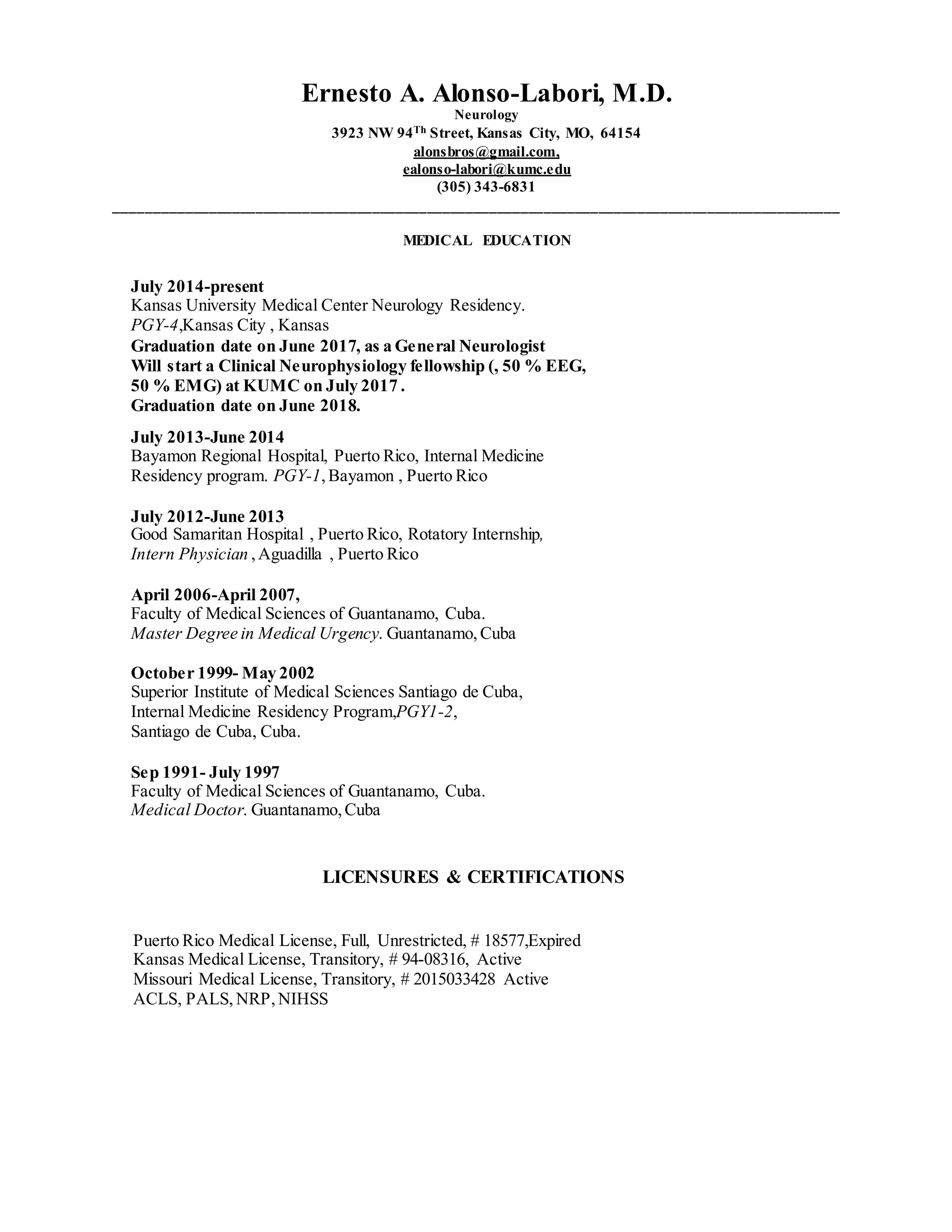 CV General Neurology 20016 | PDF