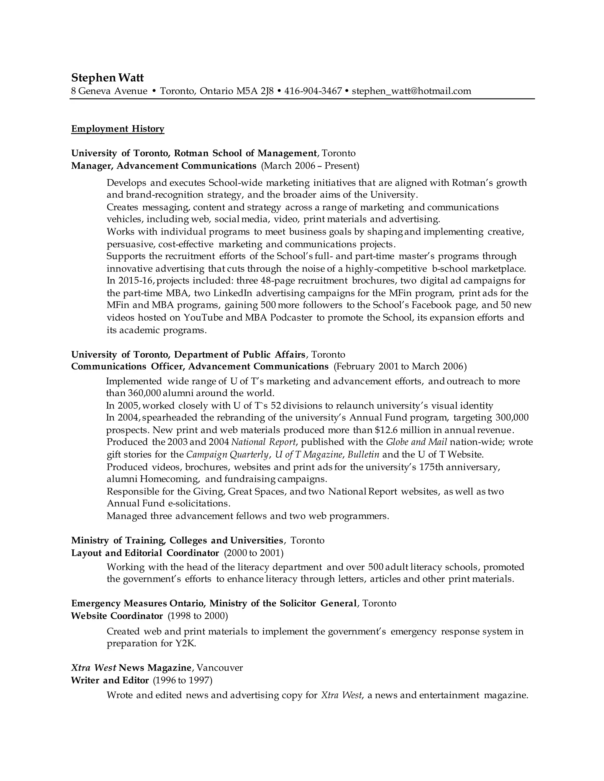resume - stephen watt, 2015 | PDF