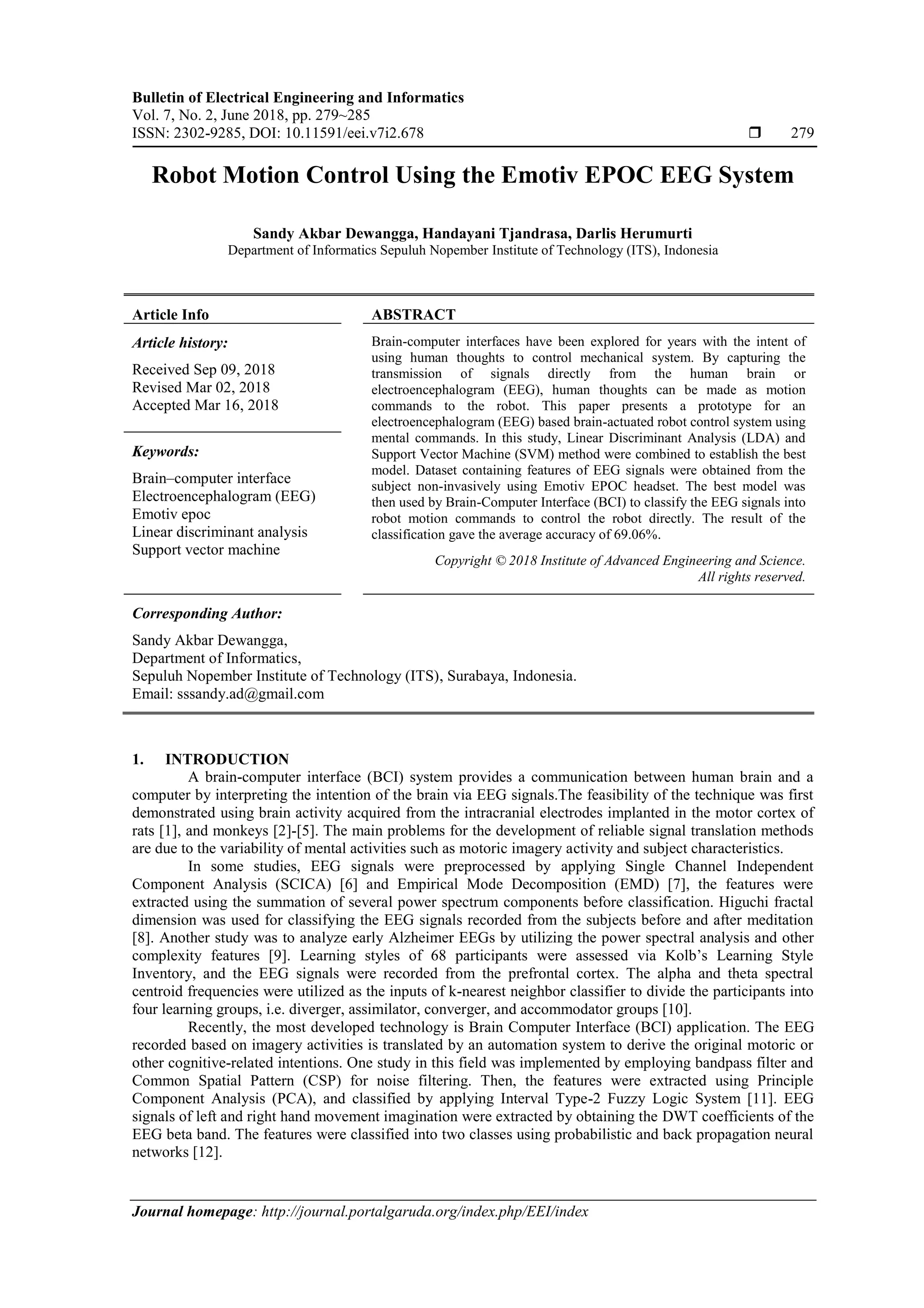 Robot Motion Control Using The Emotiv Epoc Eeg System Pdf Robotics
