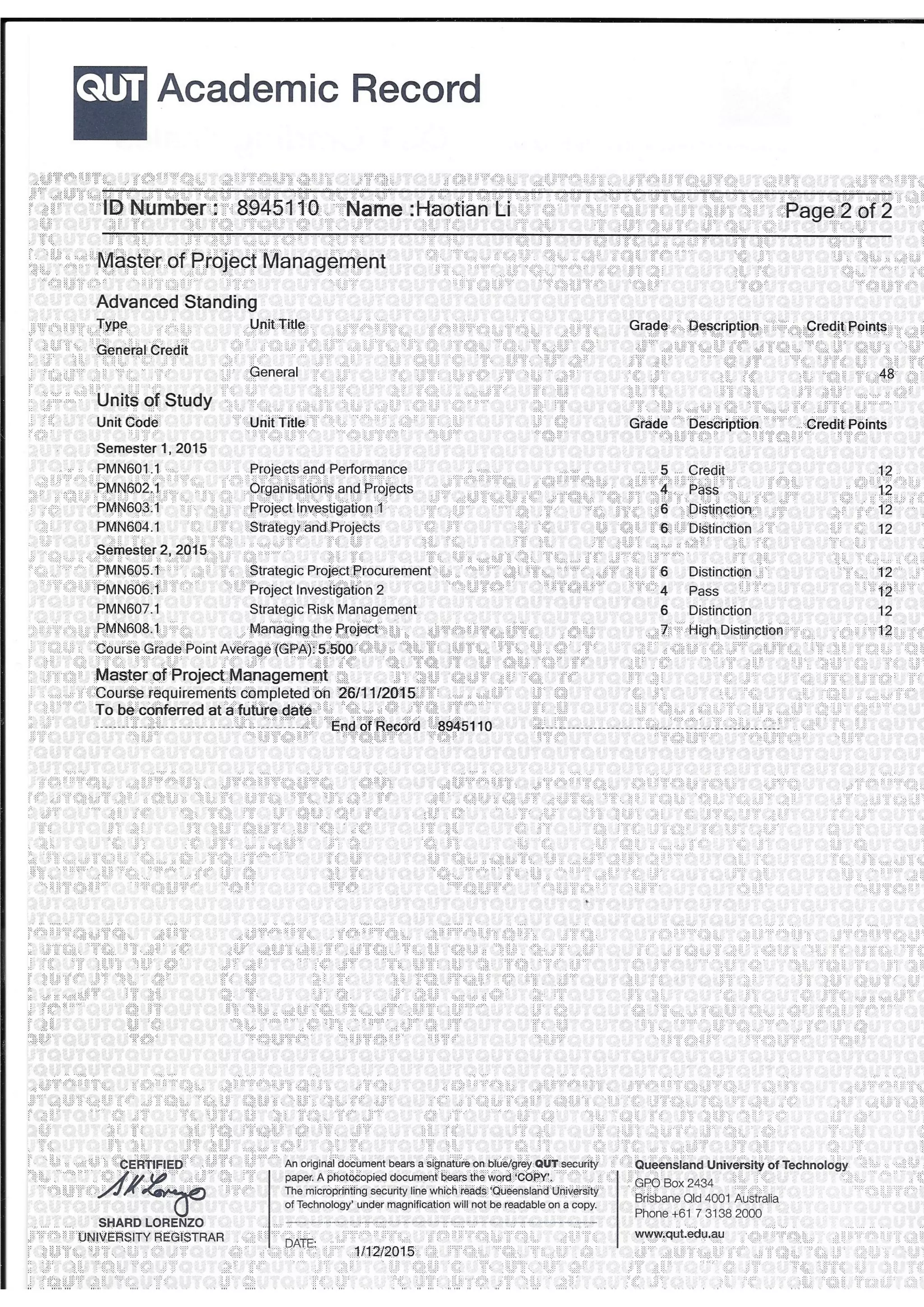 Academic record-qut- lihaotian-2 | PDF