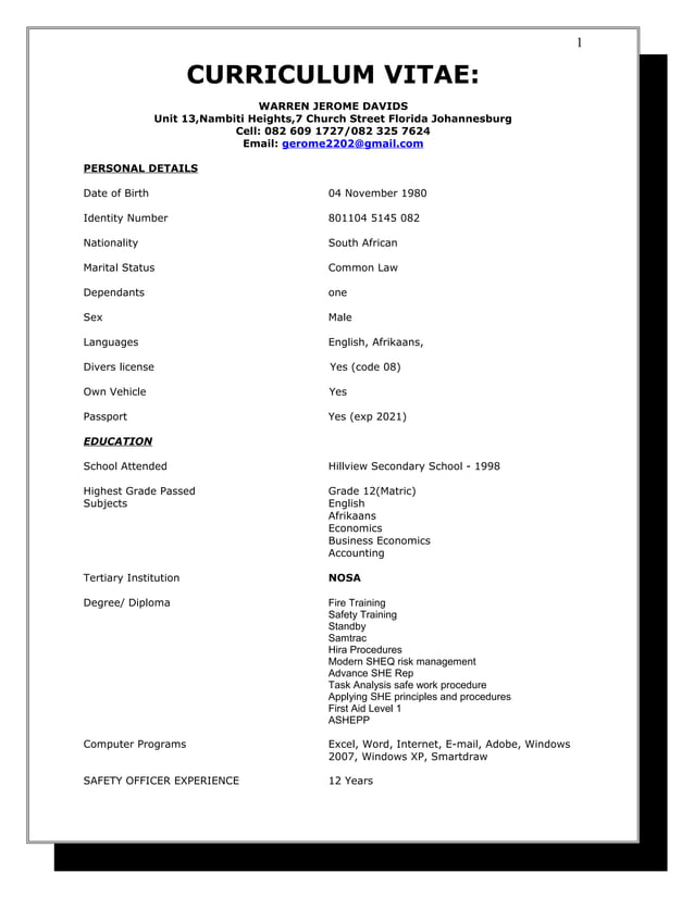 Warren Davids CV | DOC | Civil Engineering Industry | Industries