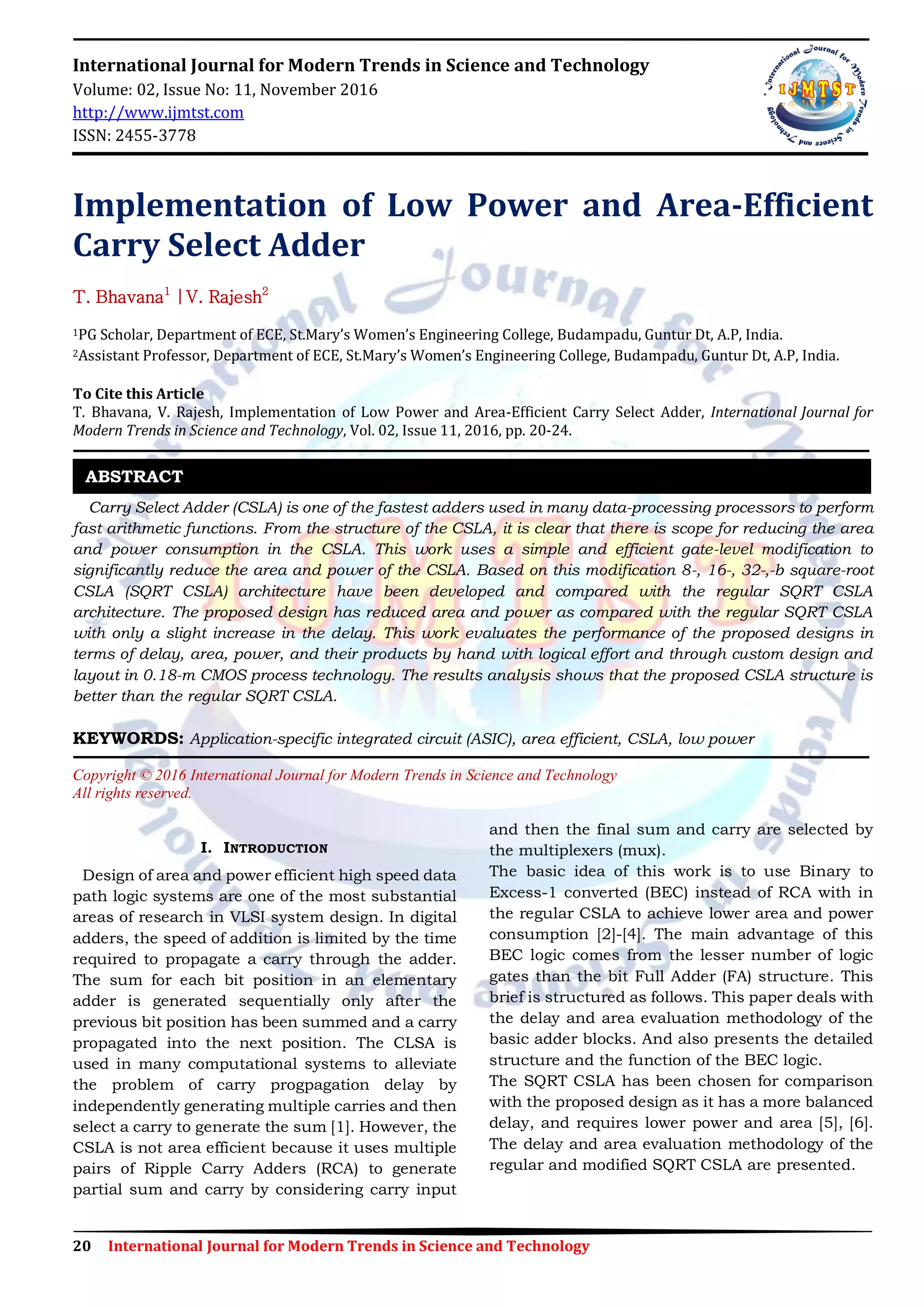 Implementation of Low Power and Area-Efficient Carry Select Adder | PDF