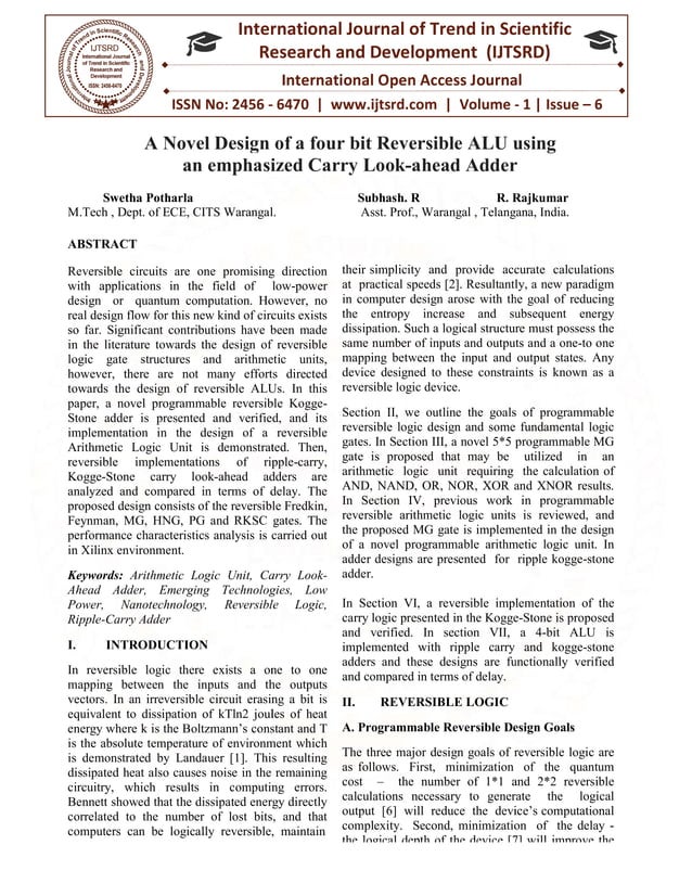 A Novel Design of a 4 Bit Reversible ALU using Kogge-Stone Adder | PDF