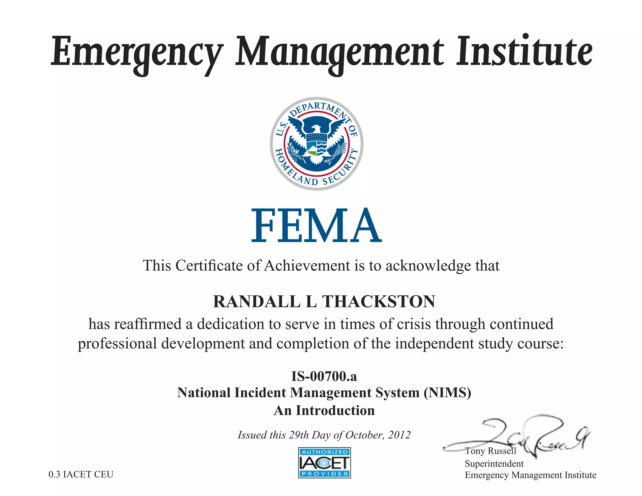 IS-700.a National Incident Management System (NIMS) Certification | PDF