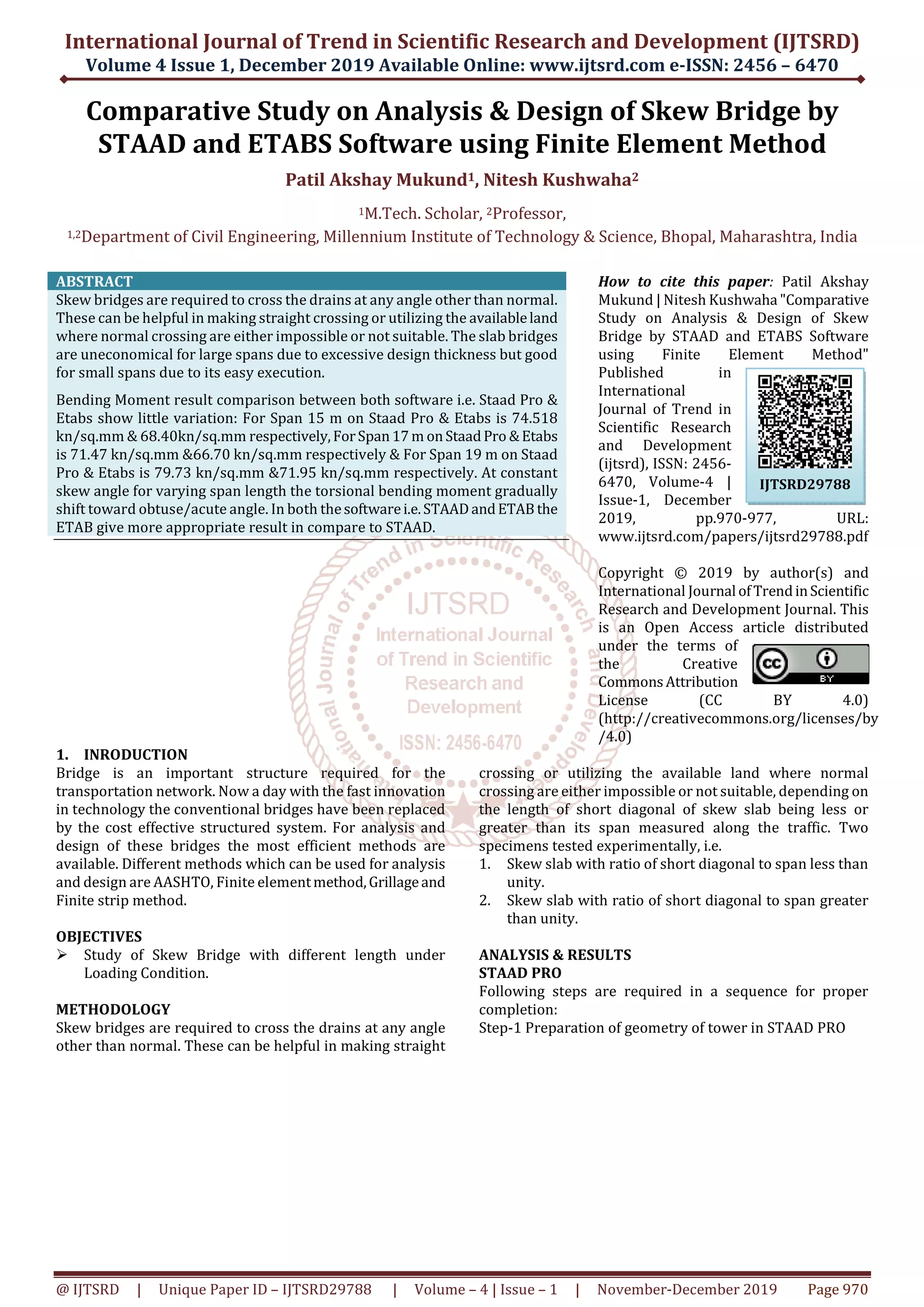 Comparative Study on Analysis and Design of Skew Bridge by STAAD and ETABS Software using Finite ...