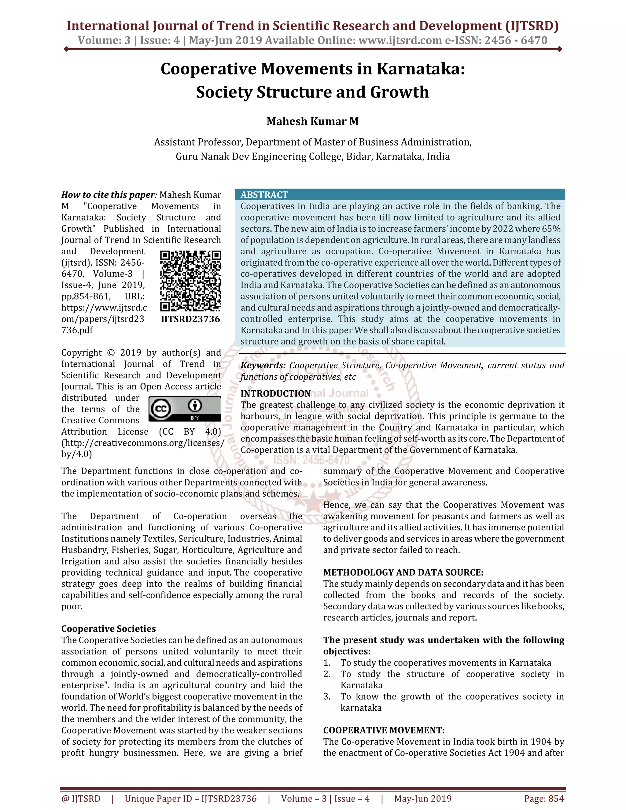 Cooperative Movements in Karnataka Society Structure and Growth | PDF