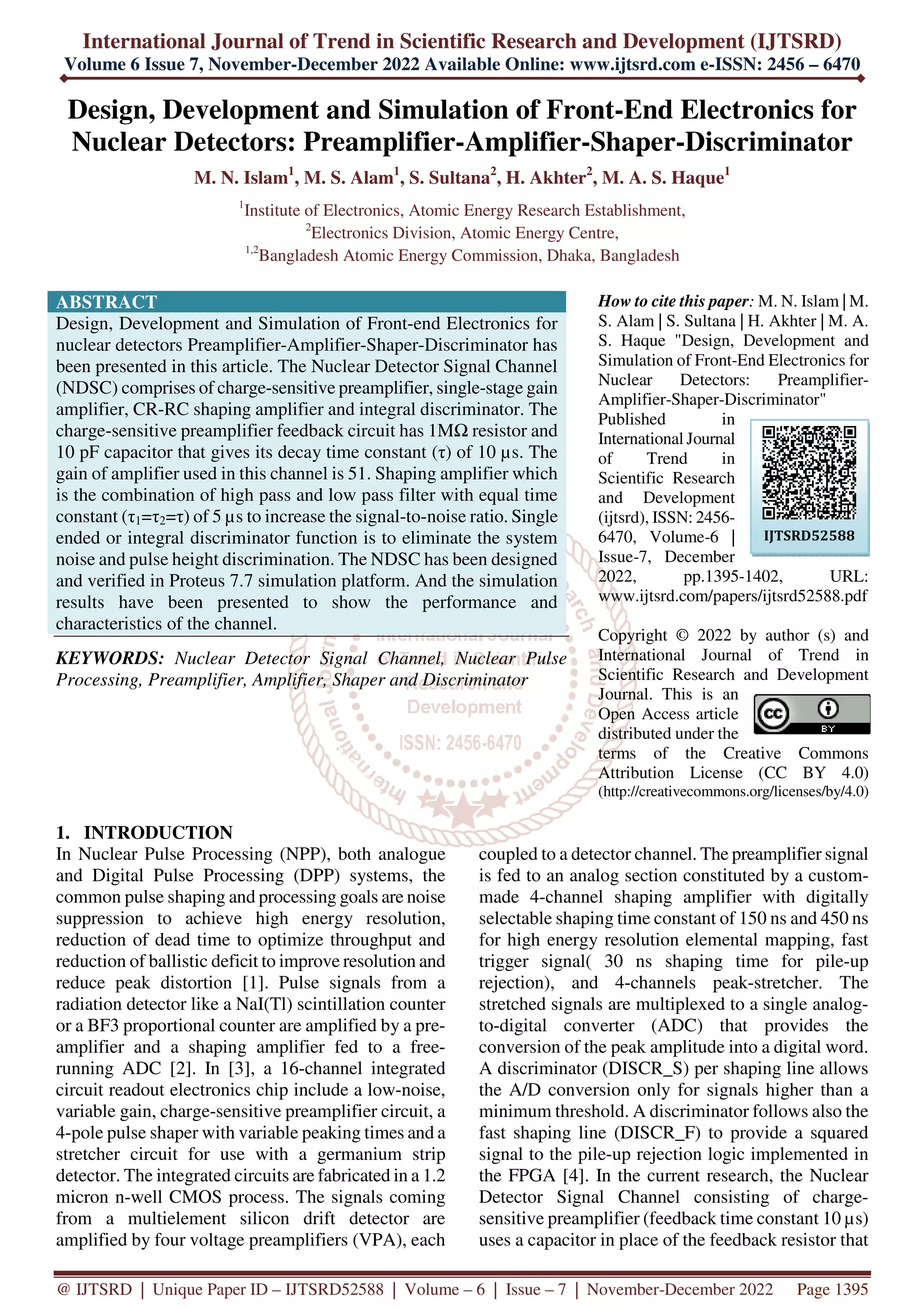 Design, Development and Simulation of Front End Electronics for Nuclear ...