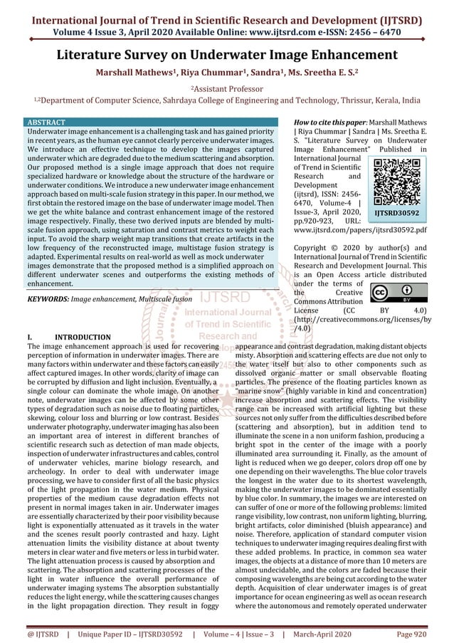 Literature Survey on Underwater Image Enhancement | PDF