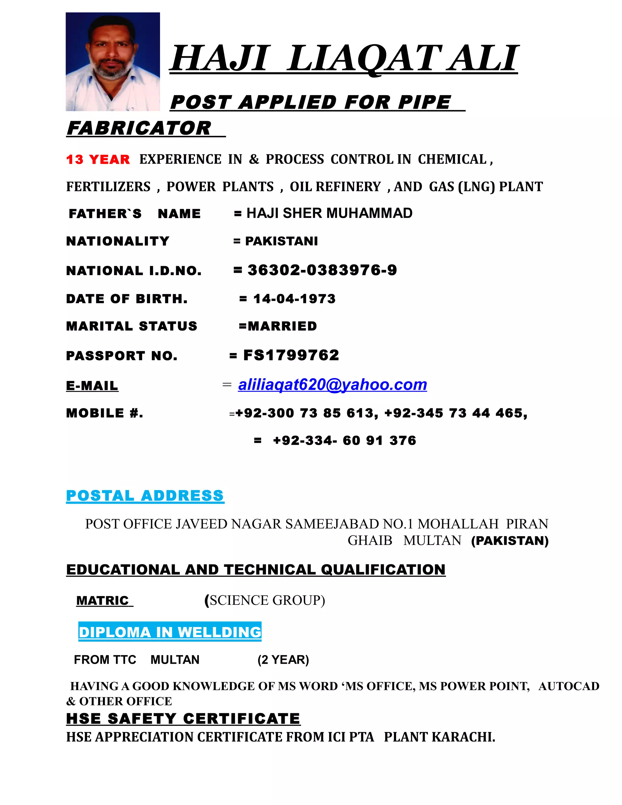 HAJI LIAQAT ALI CV FABRICATOR | PDF