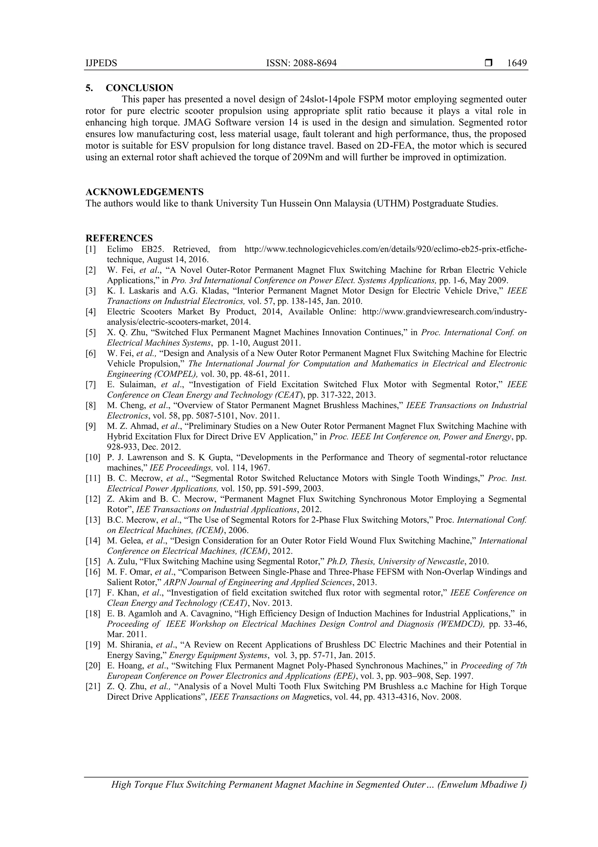 High Torque Flux Switching Permanent Magnet Machine In Segmented Outer Rotor Using Appropriate