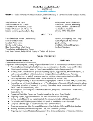 Beverly Lackenbauer Resume | DOC | Healthcare Industry | Industries