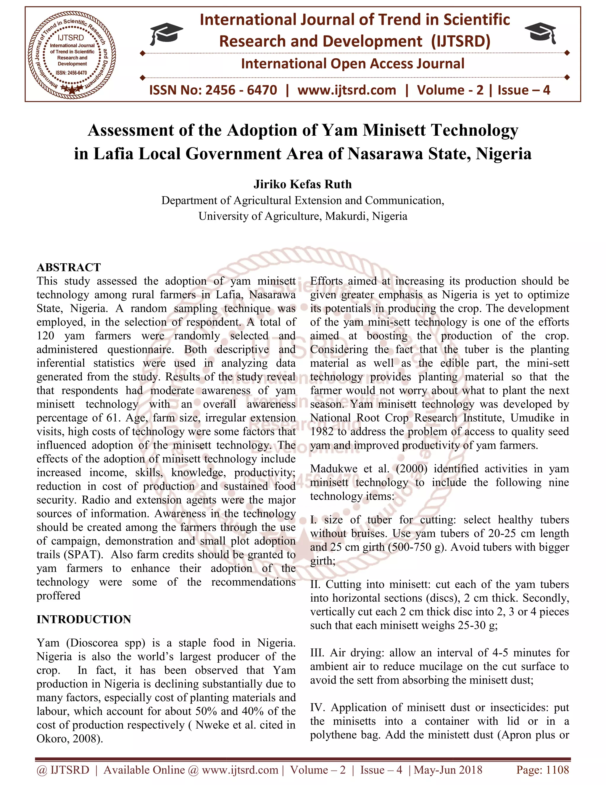 Assessment of the Adoption of Yam Minisett Technology in Lafia Local ...