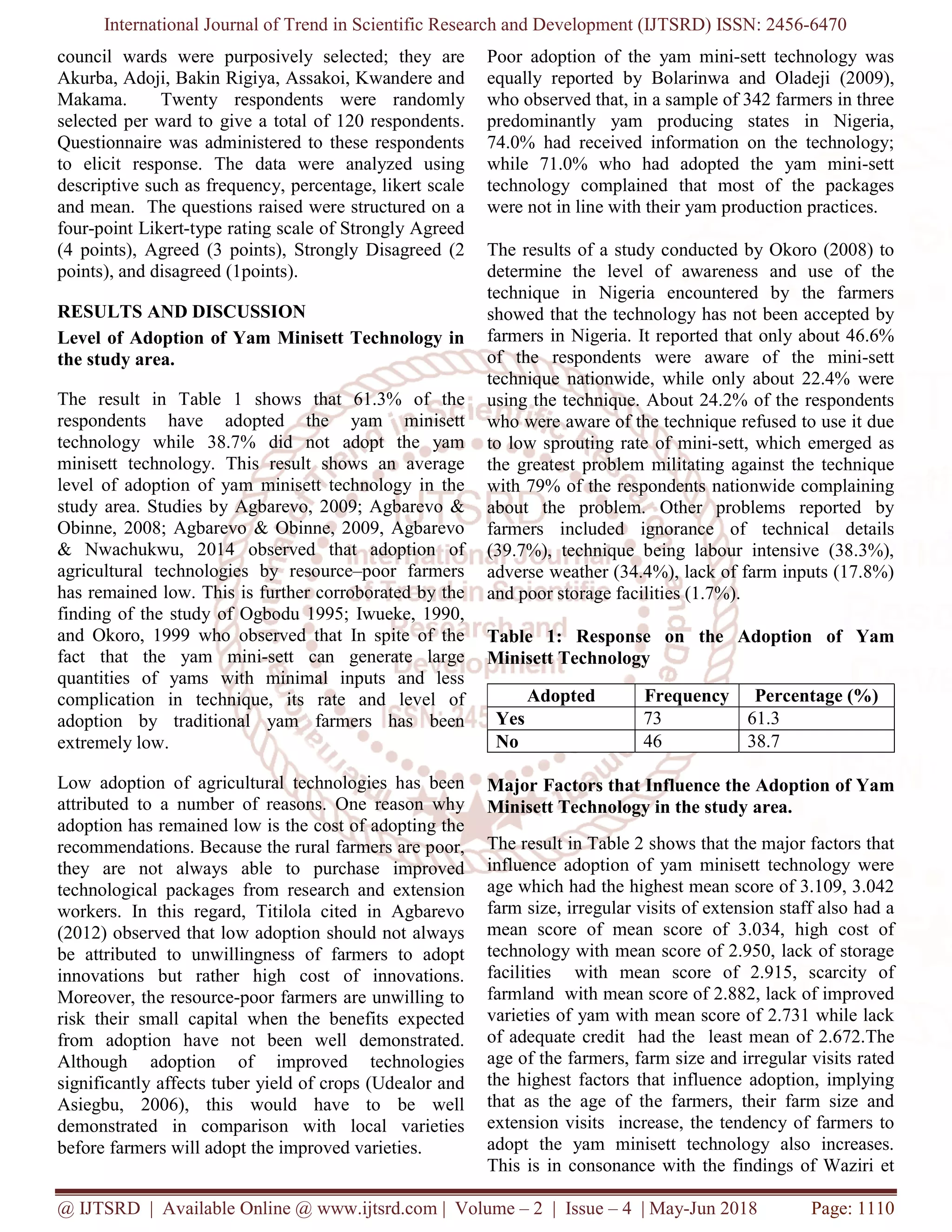 Assessment of the Adoption of Yam Minisett Technology in Lafia Local ...