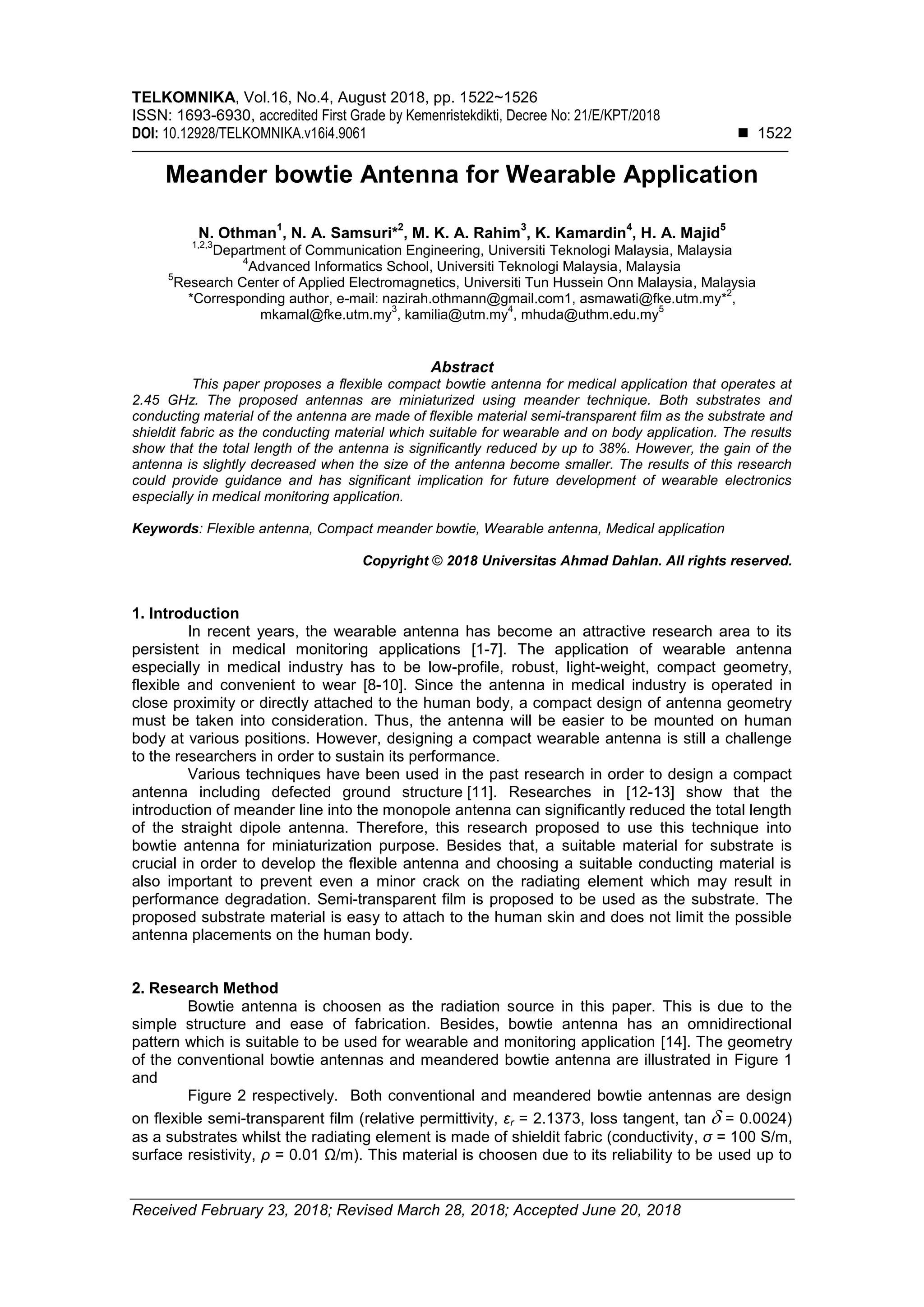 Meander bowtie Antenna for Wearable Application | PDF