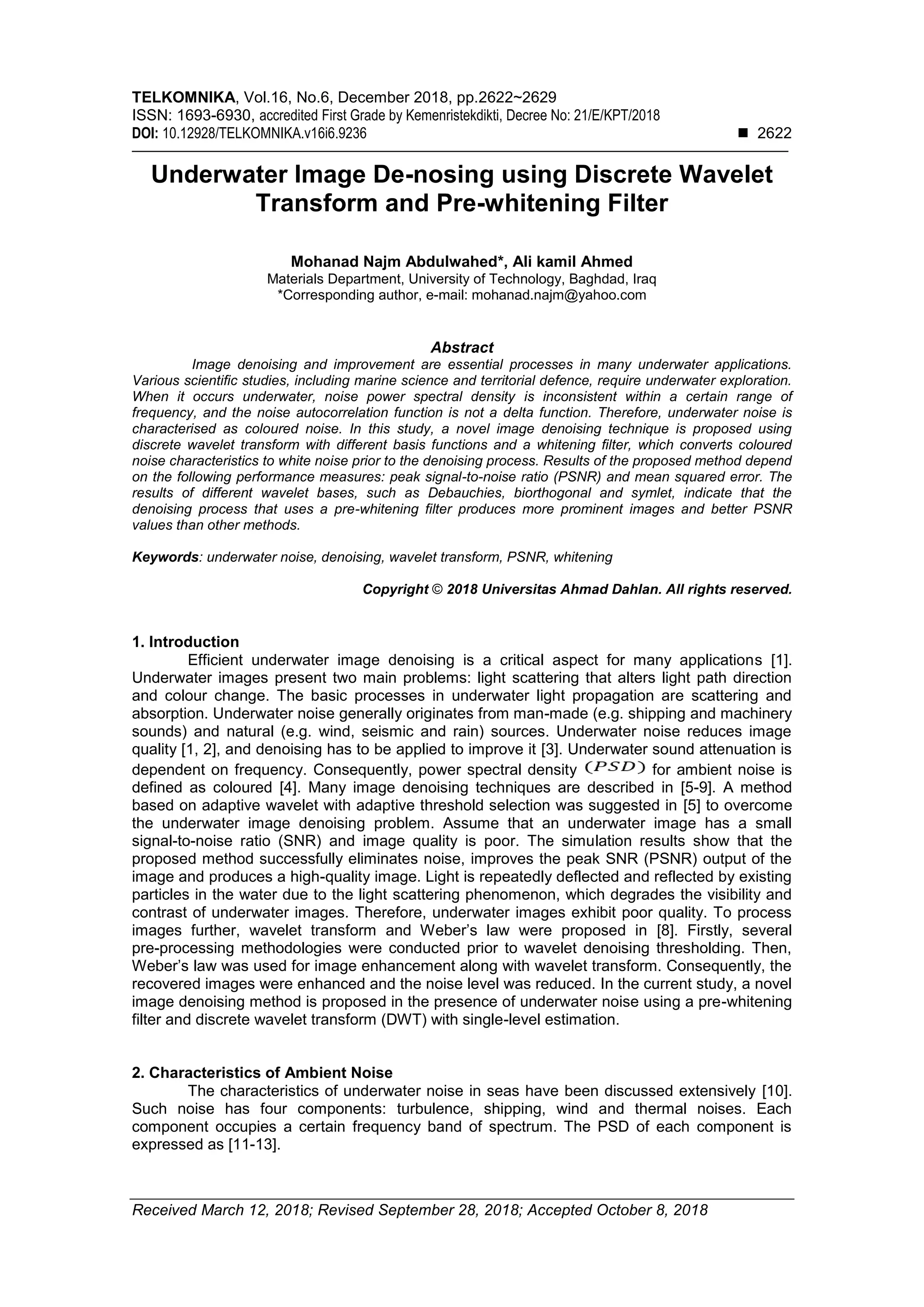 Underwater Image De-nosing using Discrete Wavelet Transform and Pre-whitening Filter | PDF ...