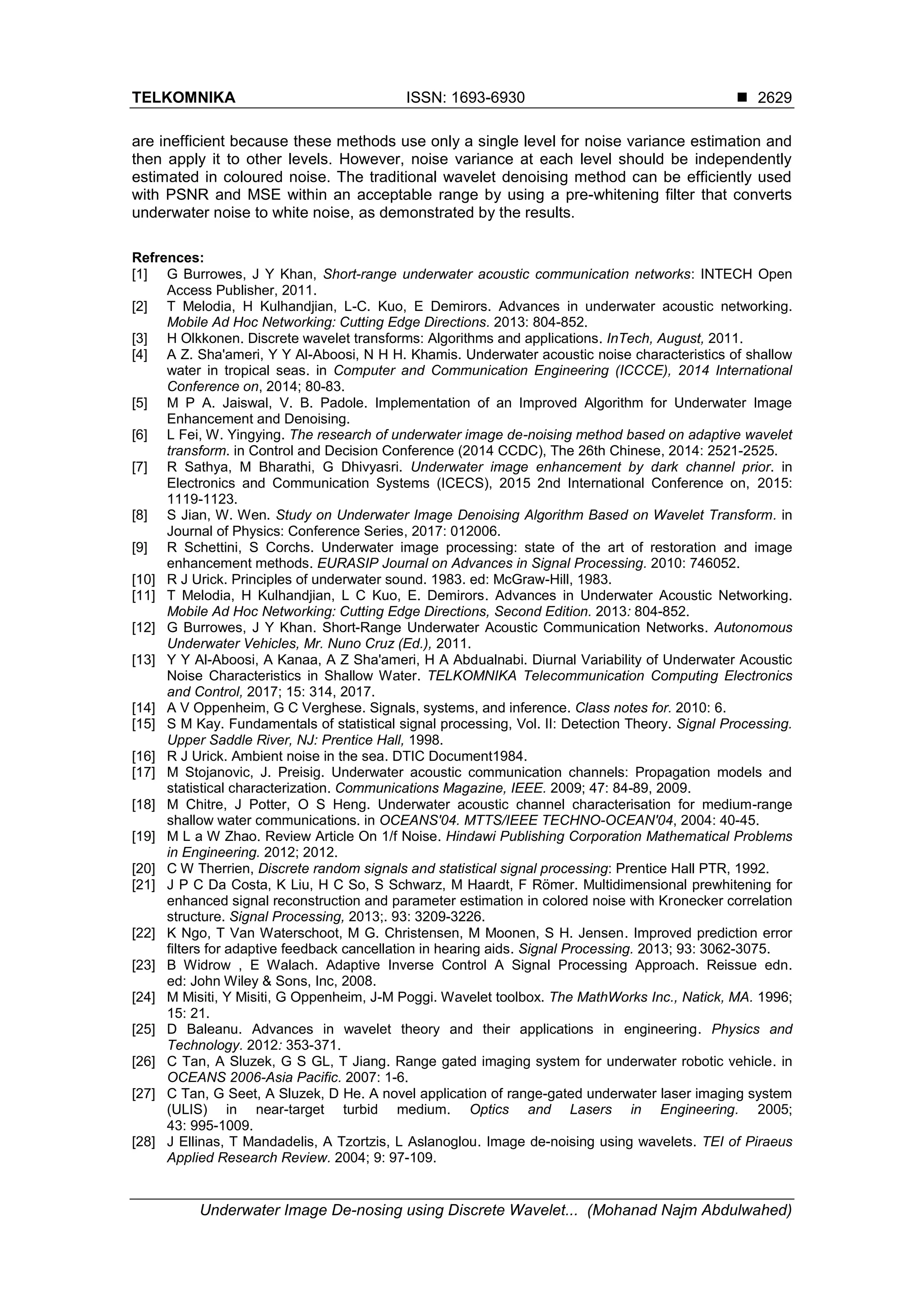 Underwater Image De-nosing using Discrete Wavelet Transform and Pre-whitening Filter | PDF ...