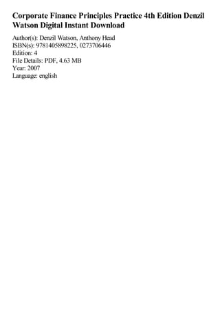 Corporate Finance Principles Practice 4th Edition Denzil Watson | PDF