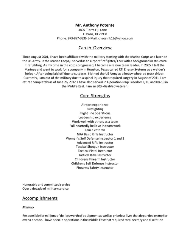 Anthony Potente's Resume | DOCX | Arms & Ammunition | Sensitive Topics