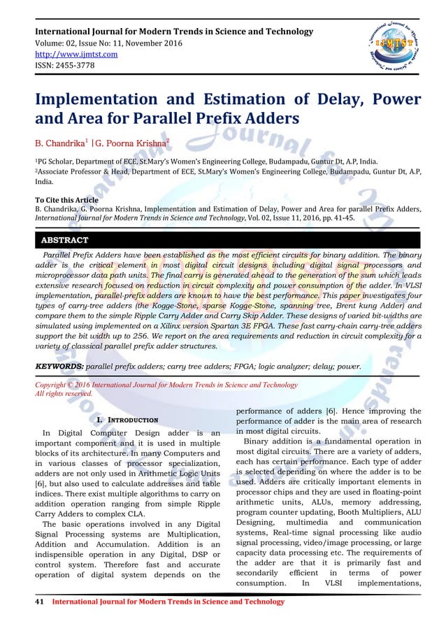 Implementation and Estimation of Delay, Power and Area for Parallel Prefix Adders | PDF
