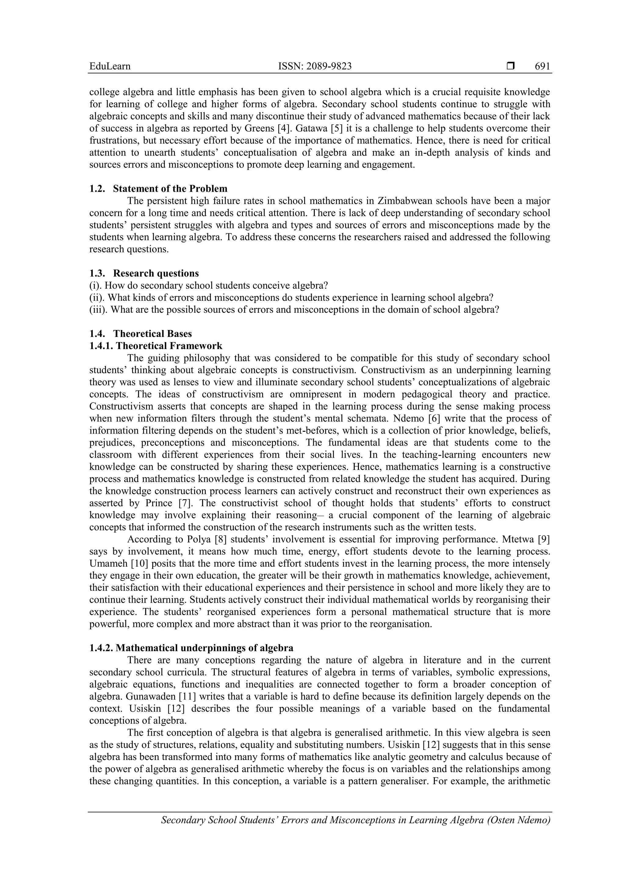 Secondary School Students’ Errors and Misconceptions in Learning ...