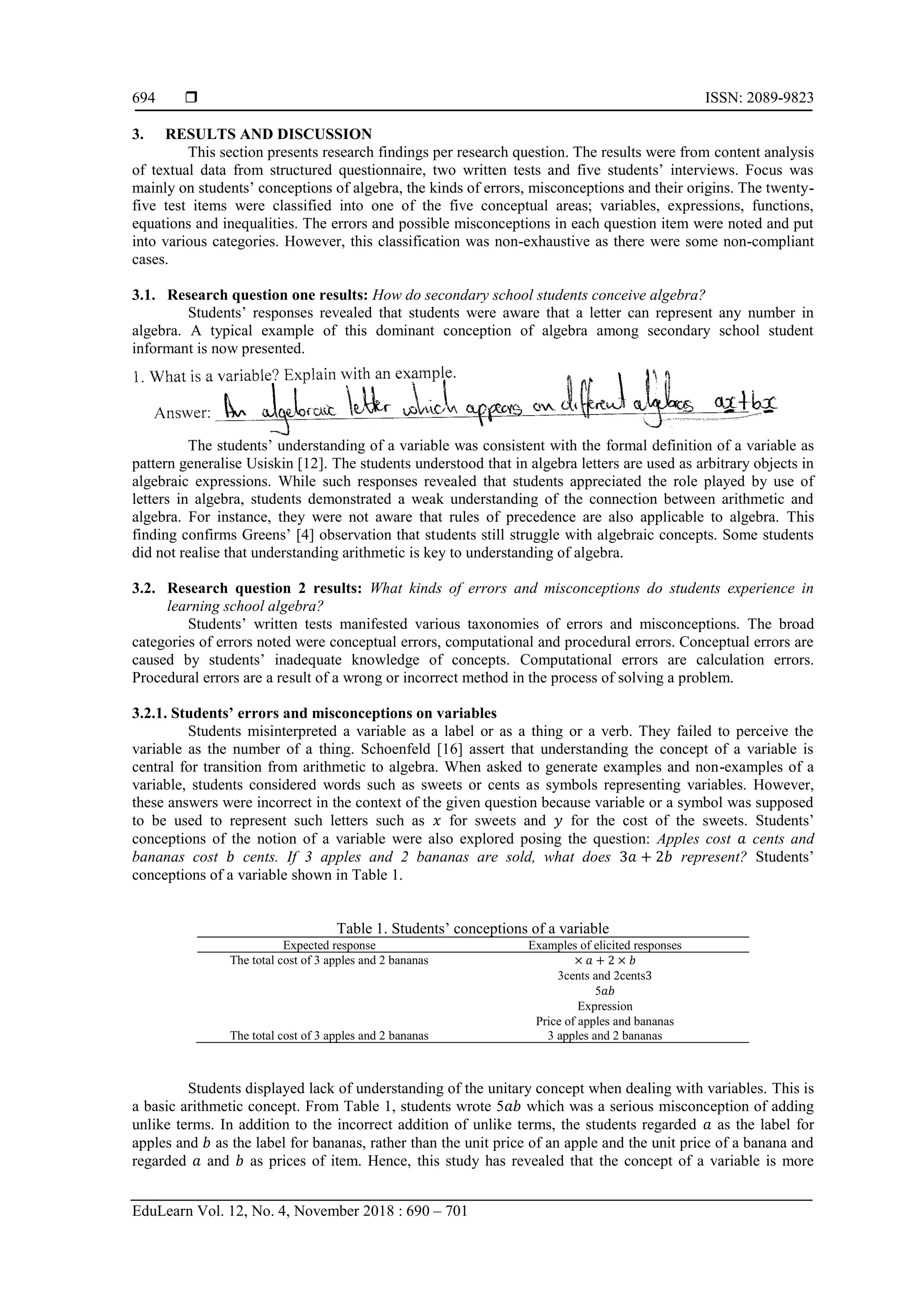 Secondary School Students’ Errors and Misconceptions in Learning ...
