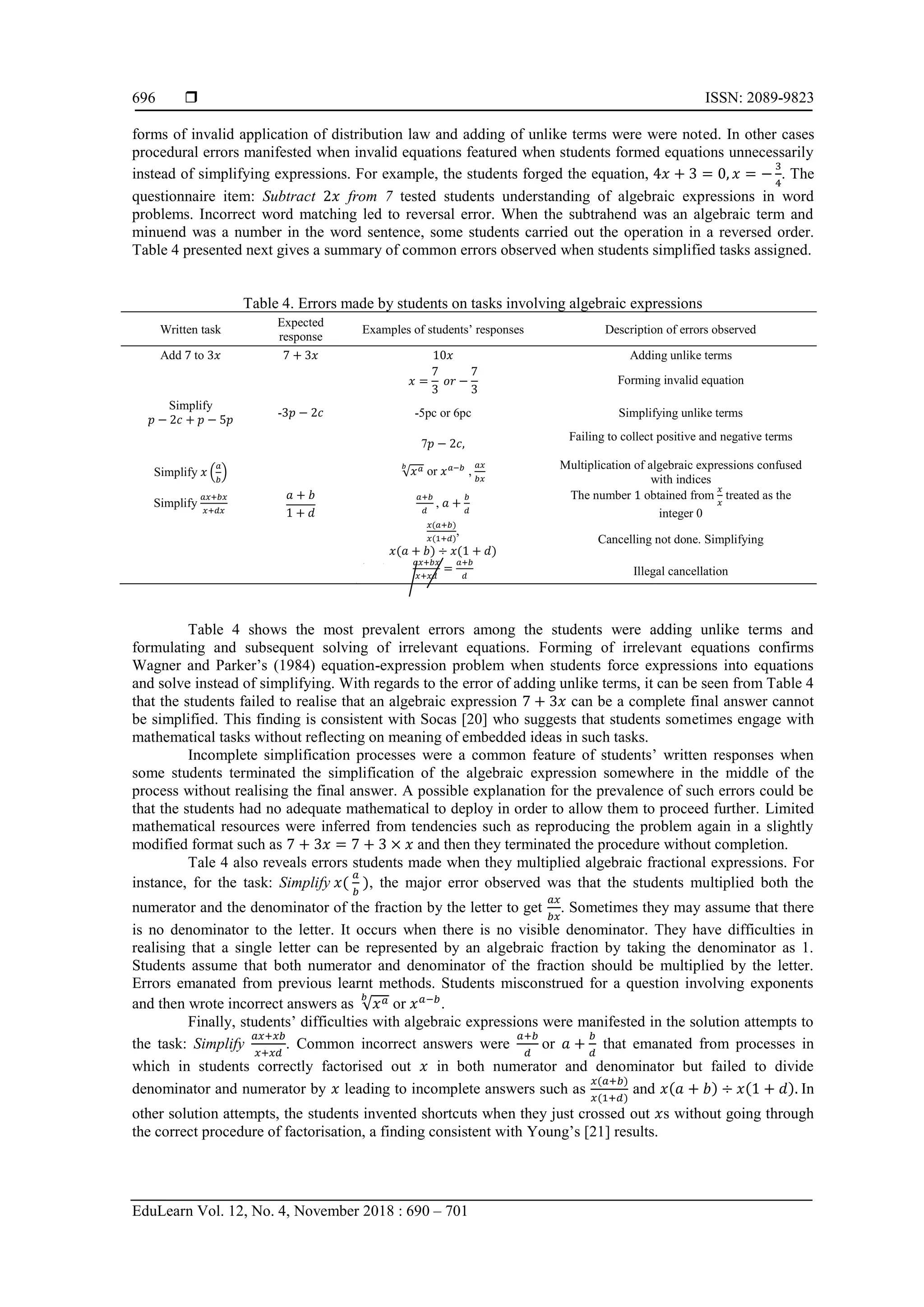 Secondary School Students’ Errors and Misconceptions in Learning ...