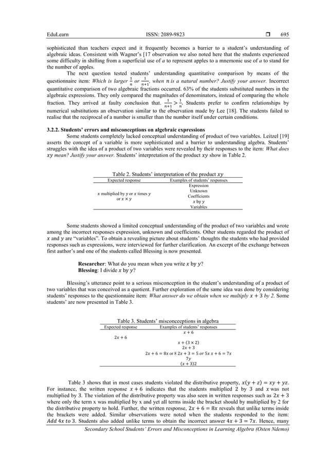 Secondary School Students’ Errors and Misconceptions in Learning Algebra | PDF