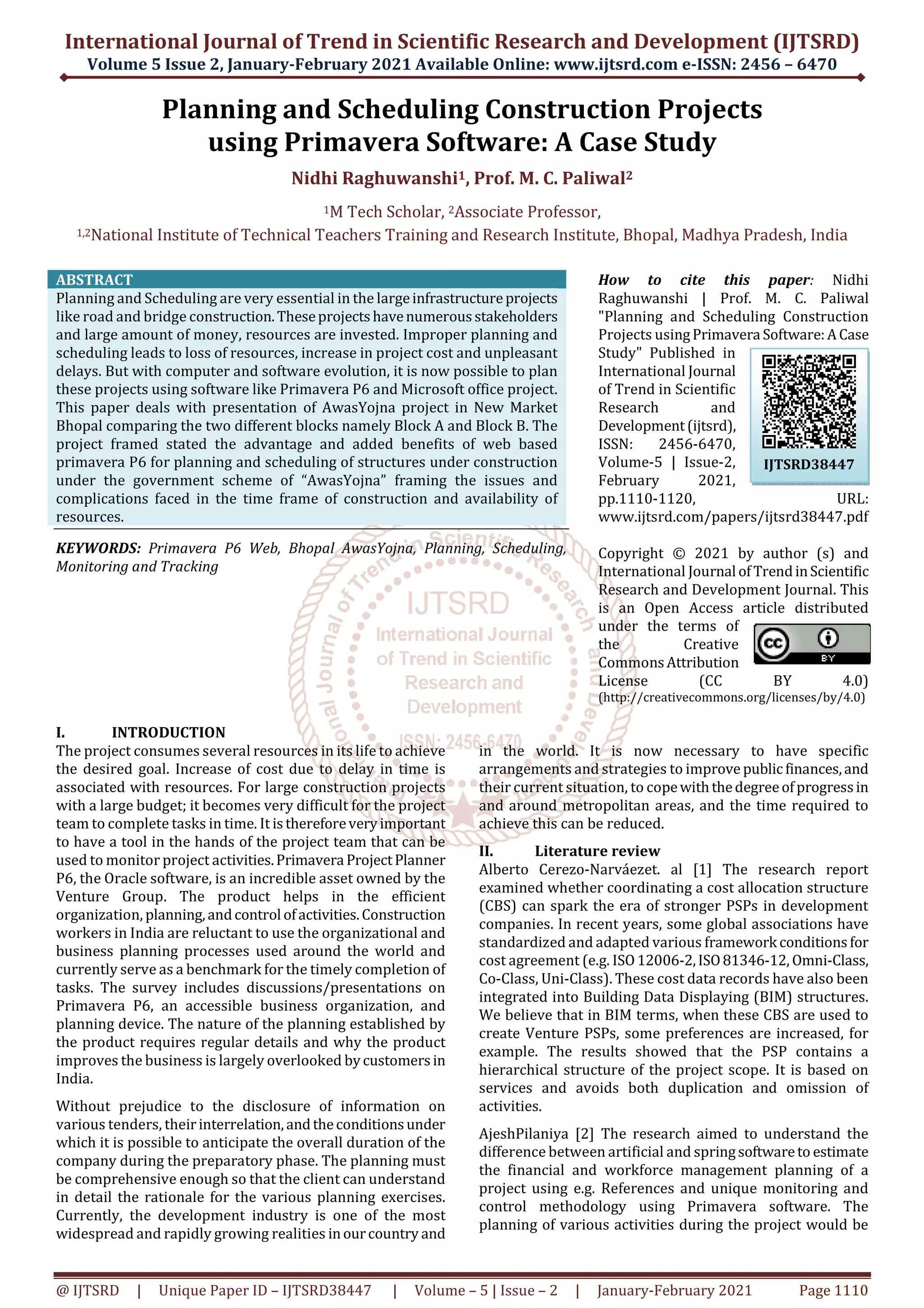 Planning and Scheduling Construction Projects using Primavera Software A Case Study | PDF ...