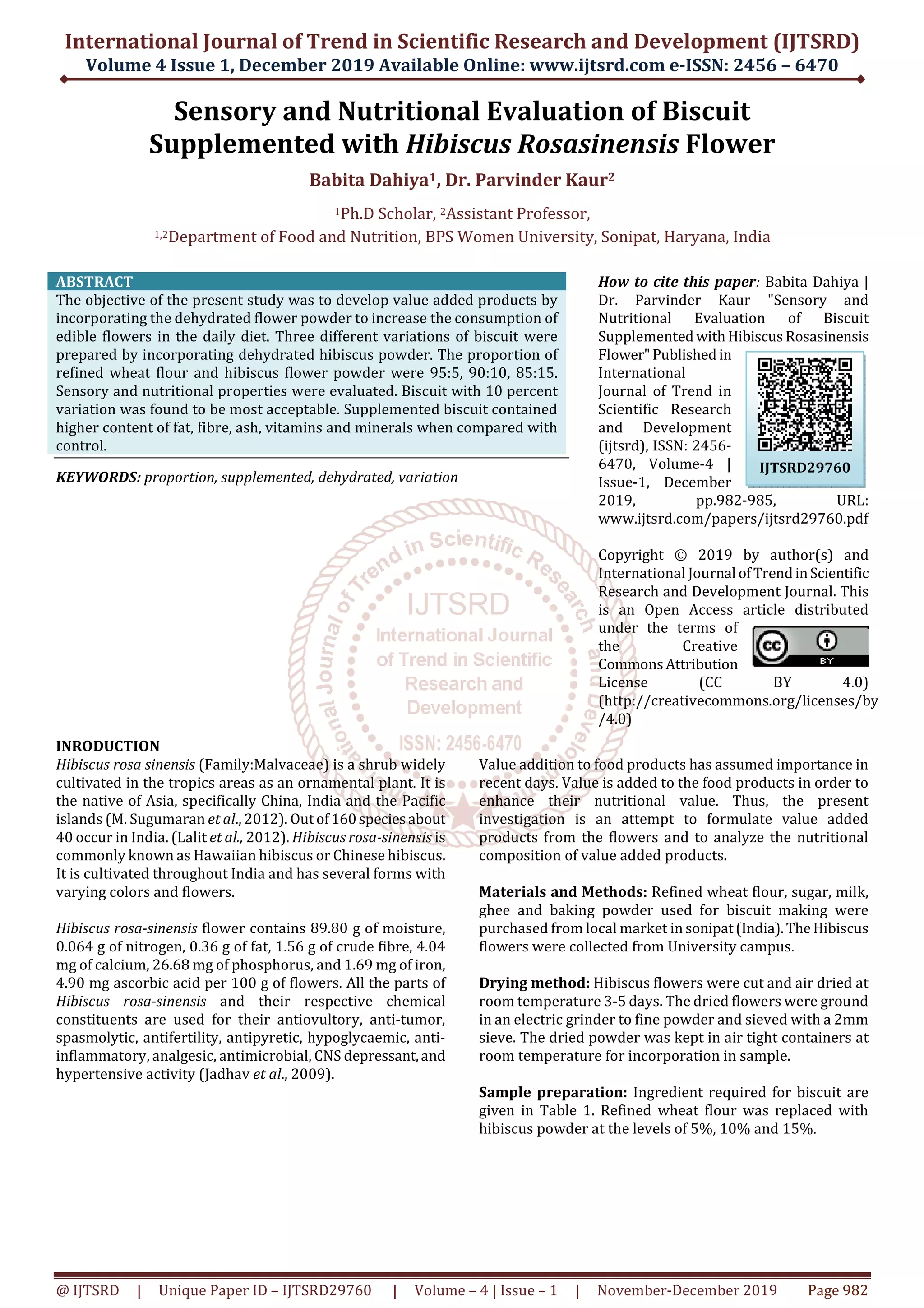 Sensory and Nutritional Evaluation of Biscuit Supplemented with ...